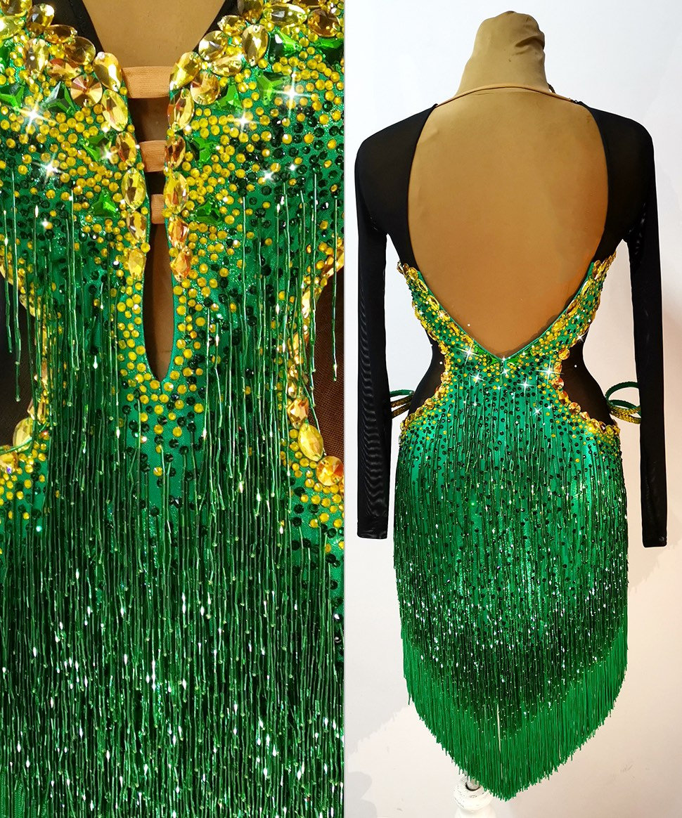 Golden Emerald Green Latin Dress With Beaded Fringe Green Rhythm Dress ...
