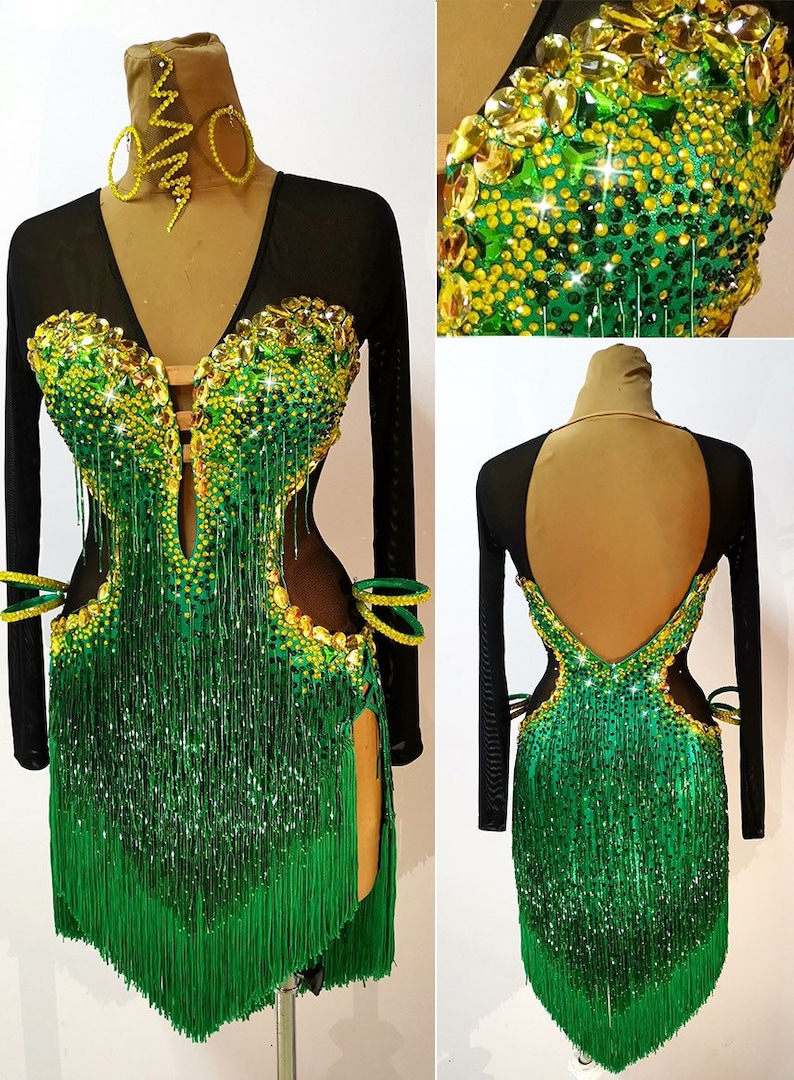 Golden Emerald Green Latin Dress With Beaded Fringe Green Rhythm Dress ...