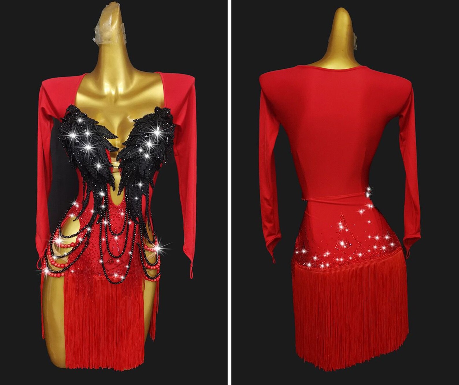 Red Latin Dress With Pearls and Appliques Fringe Rhythm Dress - Etsy