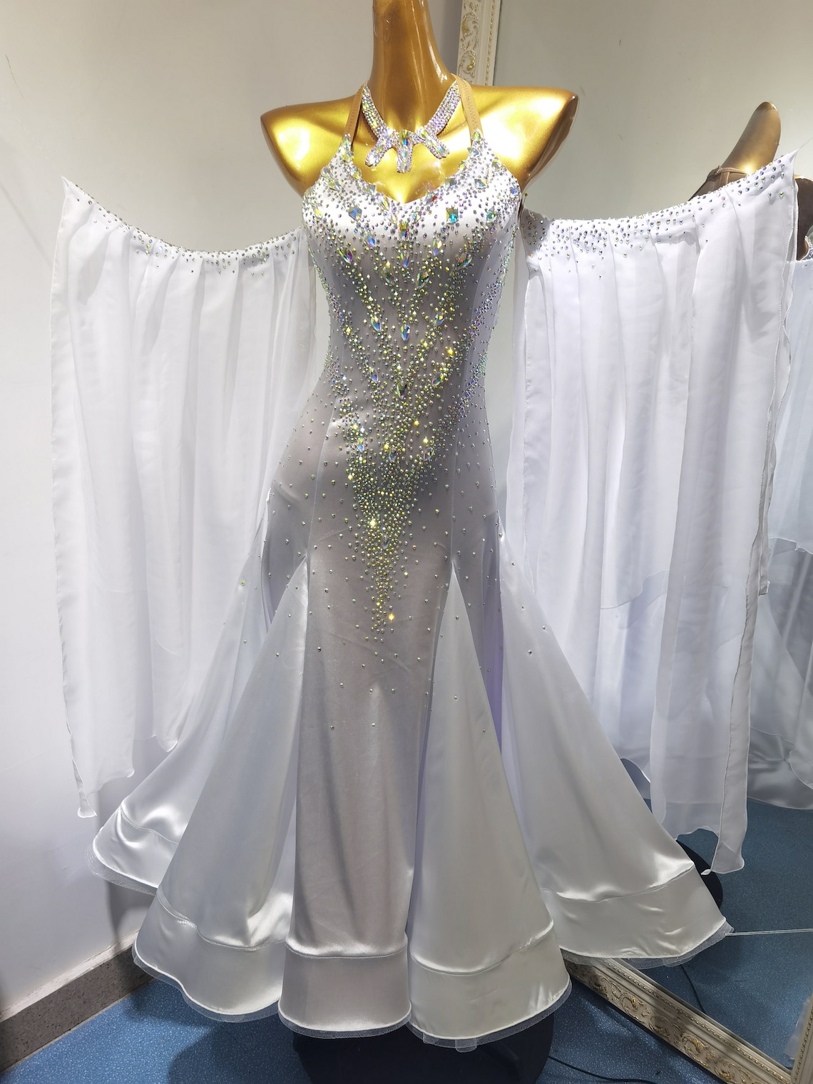 White Ballroom Dress With Floats and Crystals White Smooth Dress ...