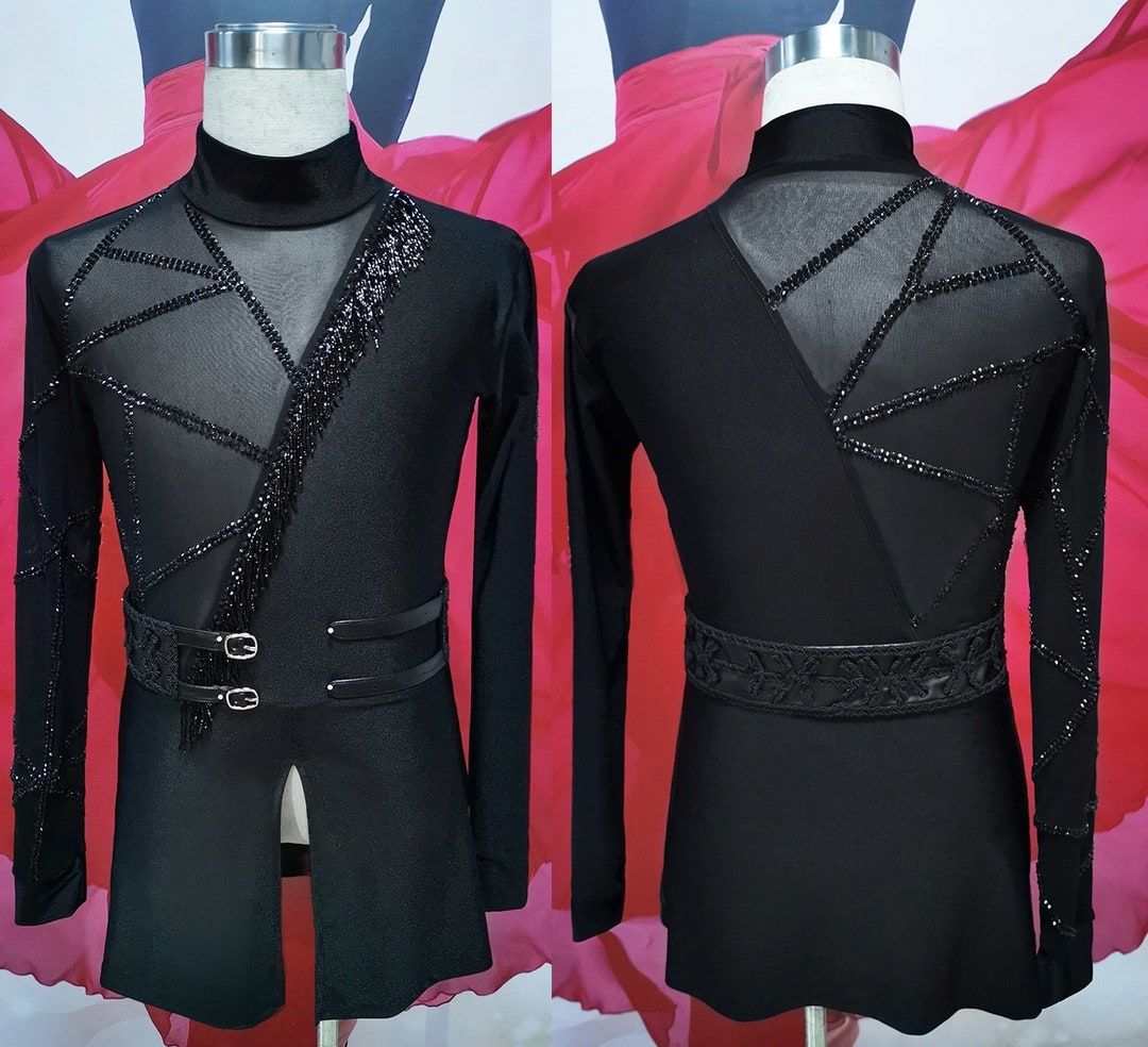 Male Black Mesh Latin Dance Top With Crystals and Beads - Etsy UK