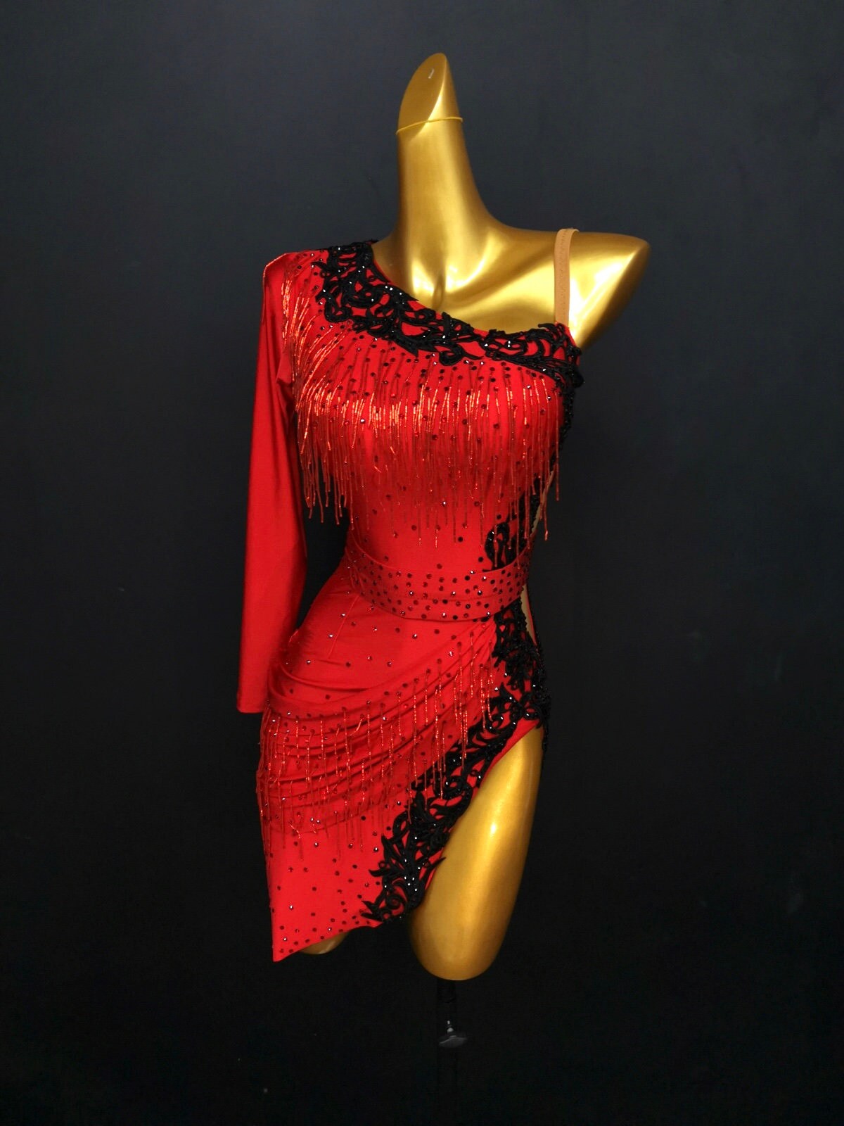 Red Latin Dance Dress With Beads and Black Lace Applique Red Rhythm ...