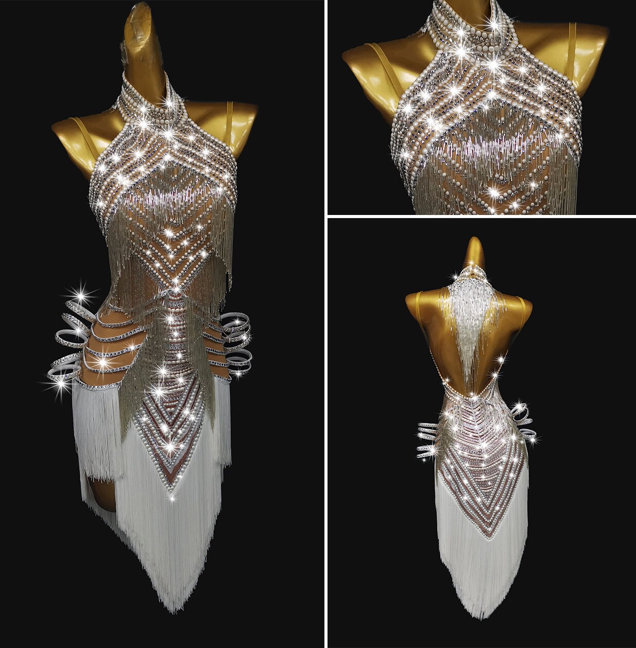 Silver White Fringe Latin Dress Rhythm Dress With Pearls and Beaded ...