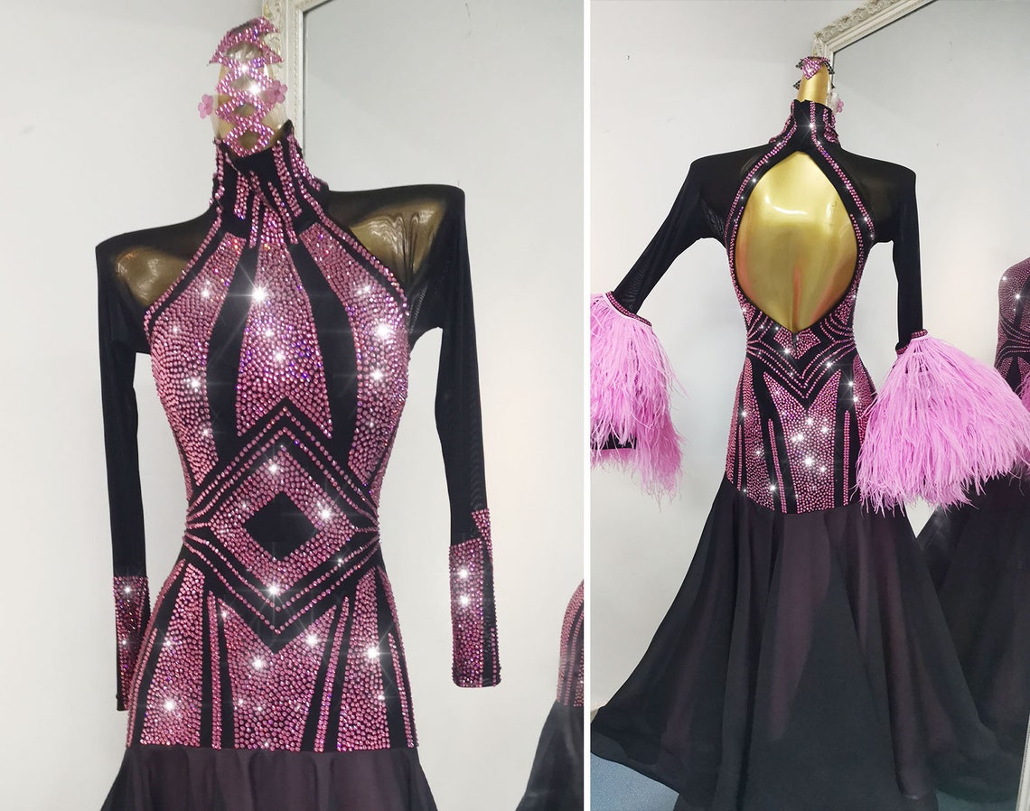 Black Smooth Dress Black Ballroom Dress With Pink Crystals Pink ...