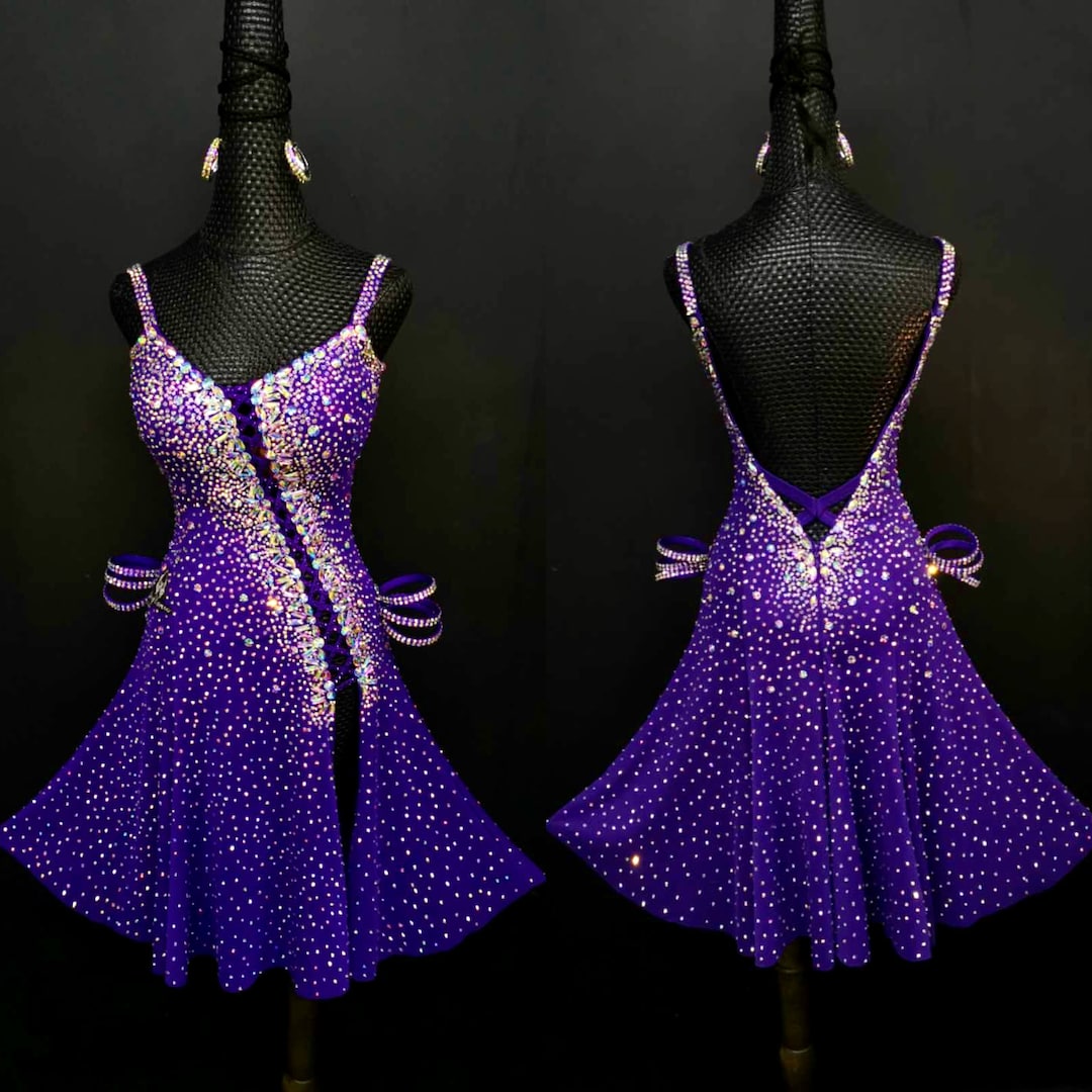 Purple Sparkling Latin Dance Dress Rhythm Dress Full of Stones With a ...