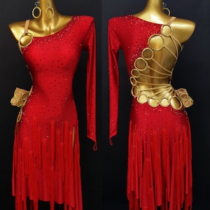Red Latin Dance Dress With Fringe and Rings Red Rhythm Dress With Open ...