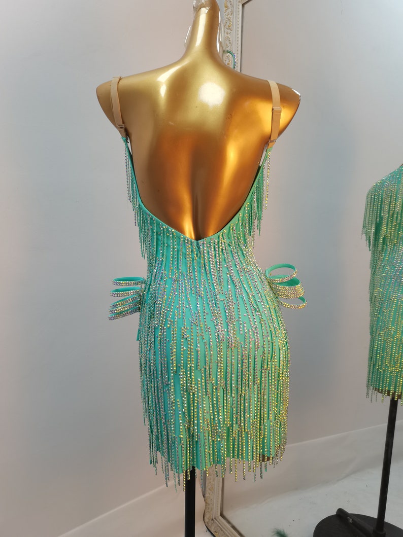 Green Sparkling Latin Dress Full of Stones Light Green Rhythm Dress ...