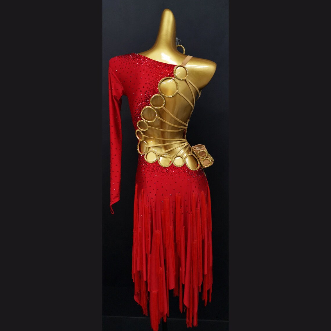 Red Latin Dance Dress With Fringe and Rings Red Rhythm Dress With Open ...