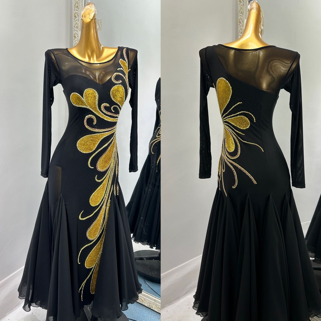 Black Smooth Dress With Golden Floral Patterns Ballroom Dress Standard ...