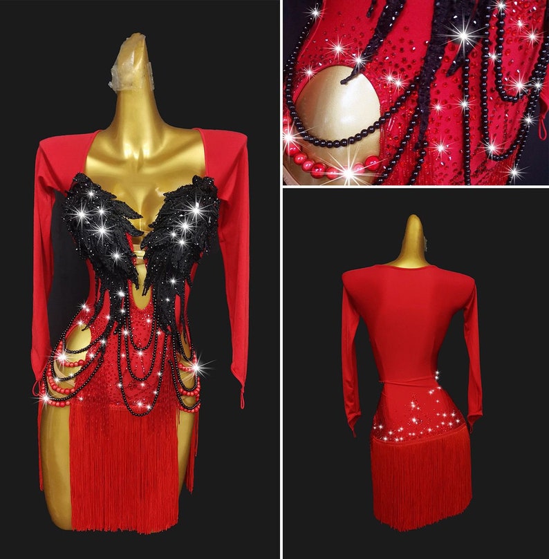 Red Latin Dress With Pearls and Appliques Fringe Rhythm Dress L0102 - Etsy