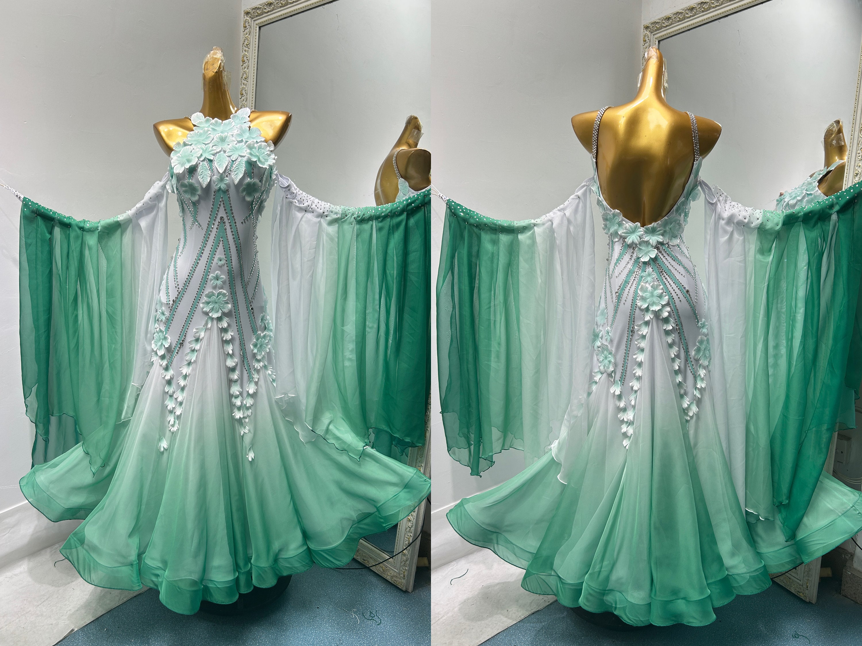 Ombre Green White Floral Smooth Ballroom Dance Dress Ombre Green Smooth ...