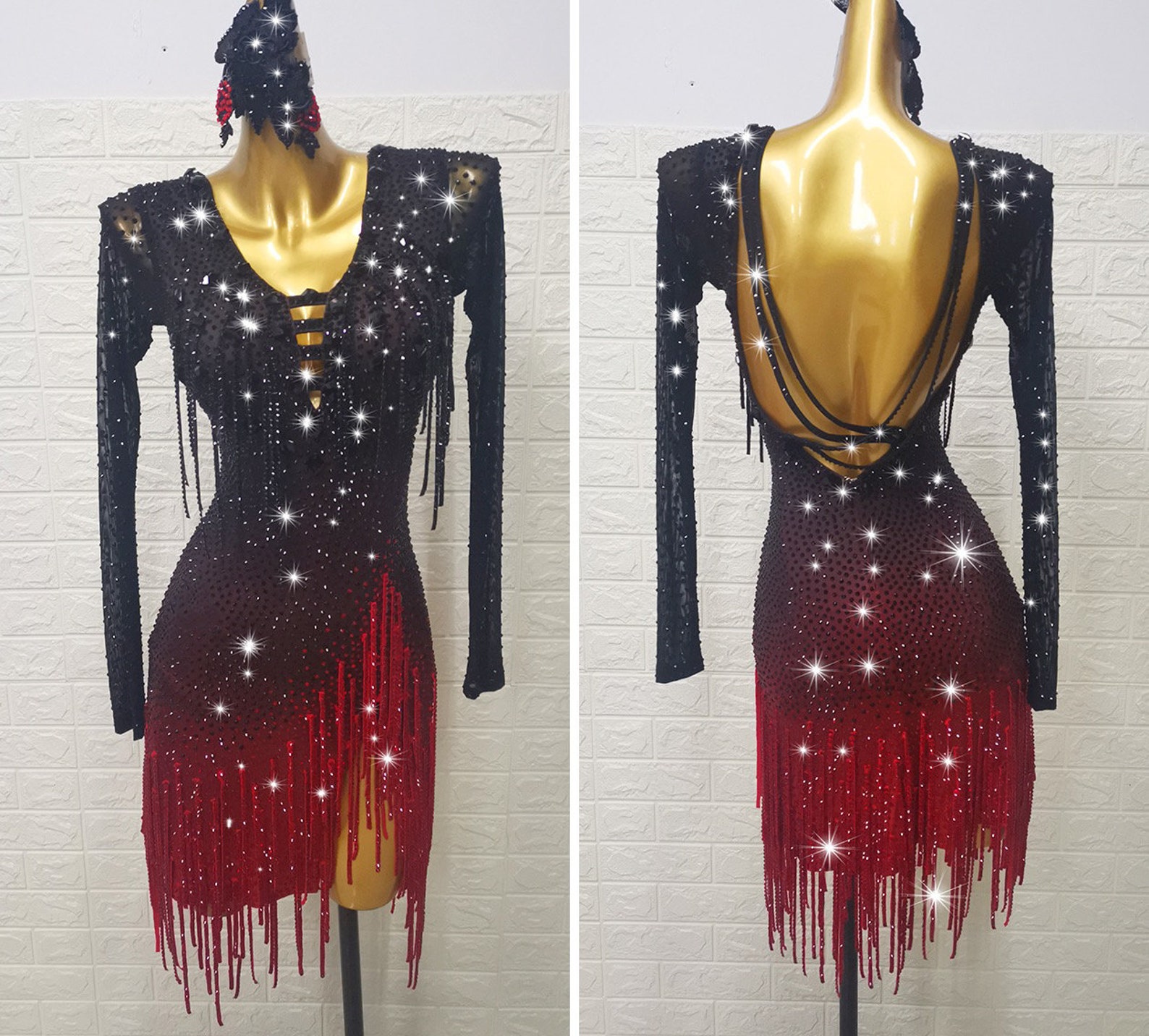Ombre Black and Red Latin Dress Full of Stones Ombre Fringe Rhythm ...
