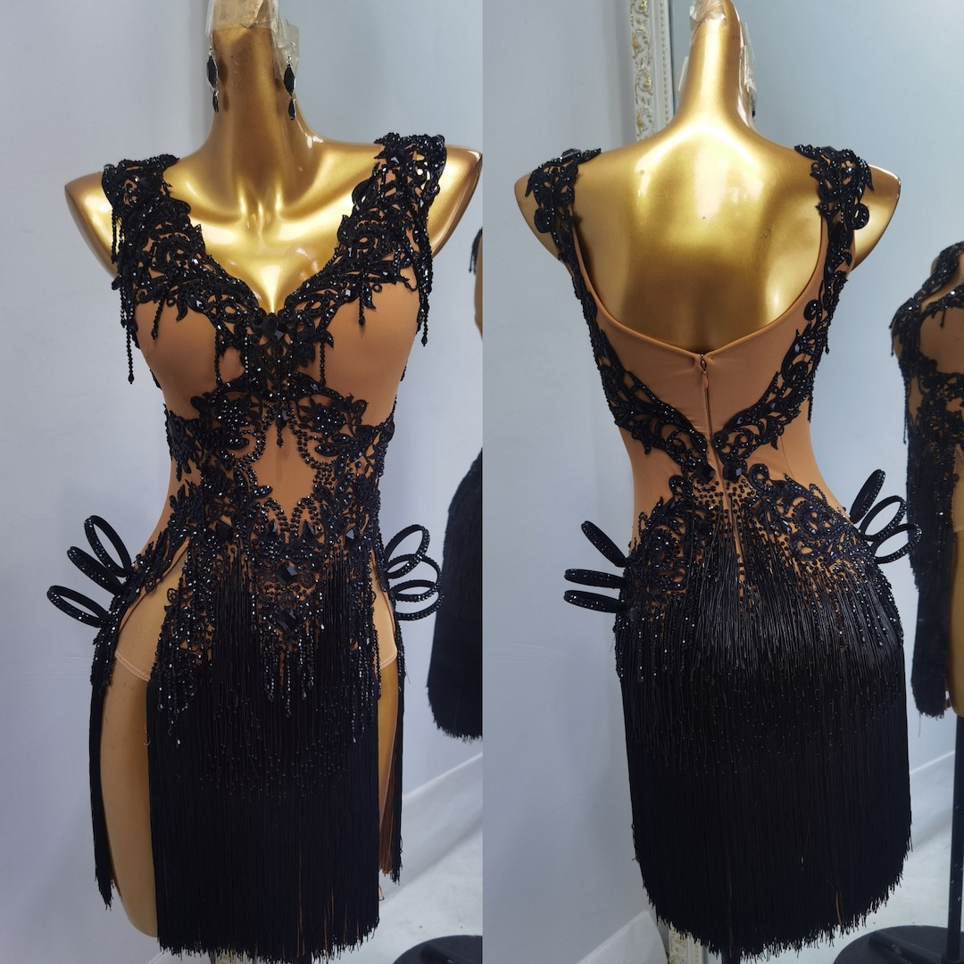 Black Lace Latin Dance Dress Rhythm Dress With Crystals L0150 - Etsy