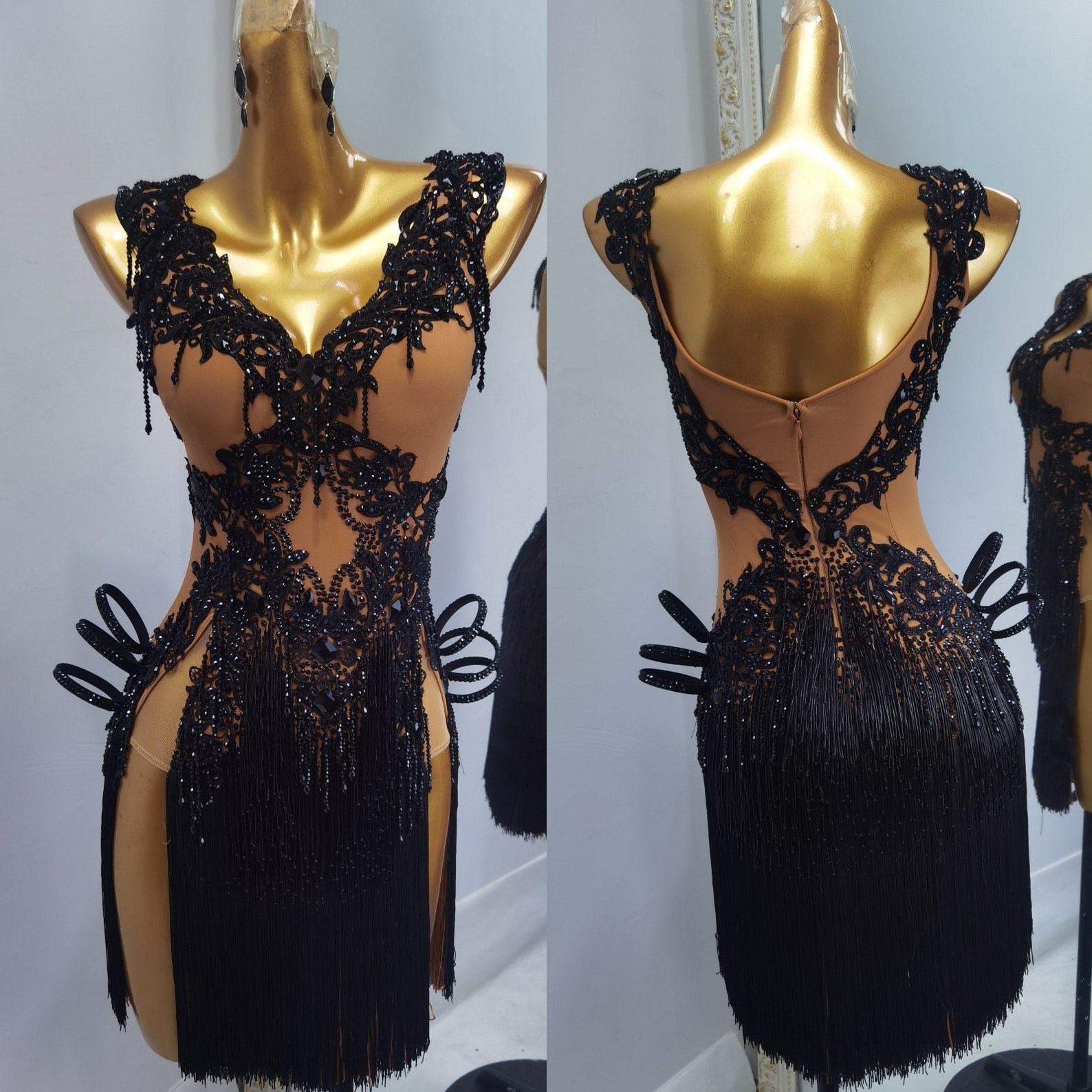 Black Lace Latin Dance Dress Rhythm Dress With Crystals L0150 - Etsy