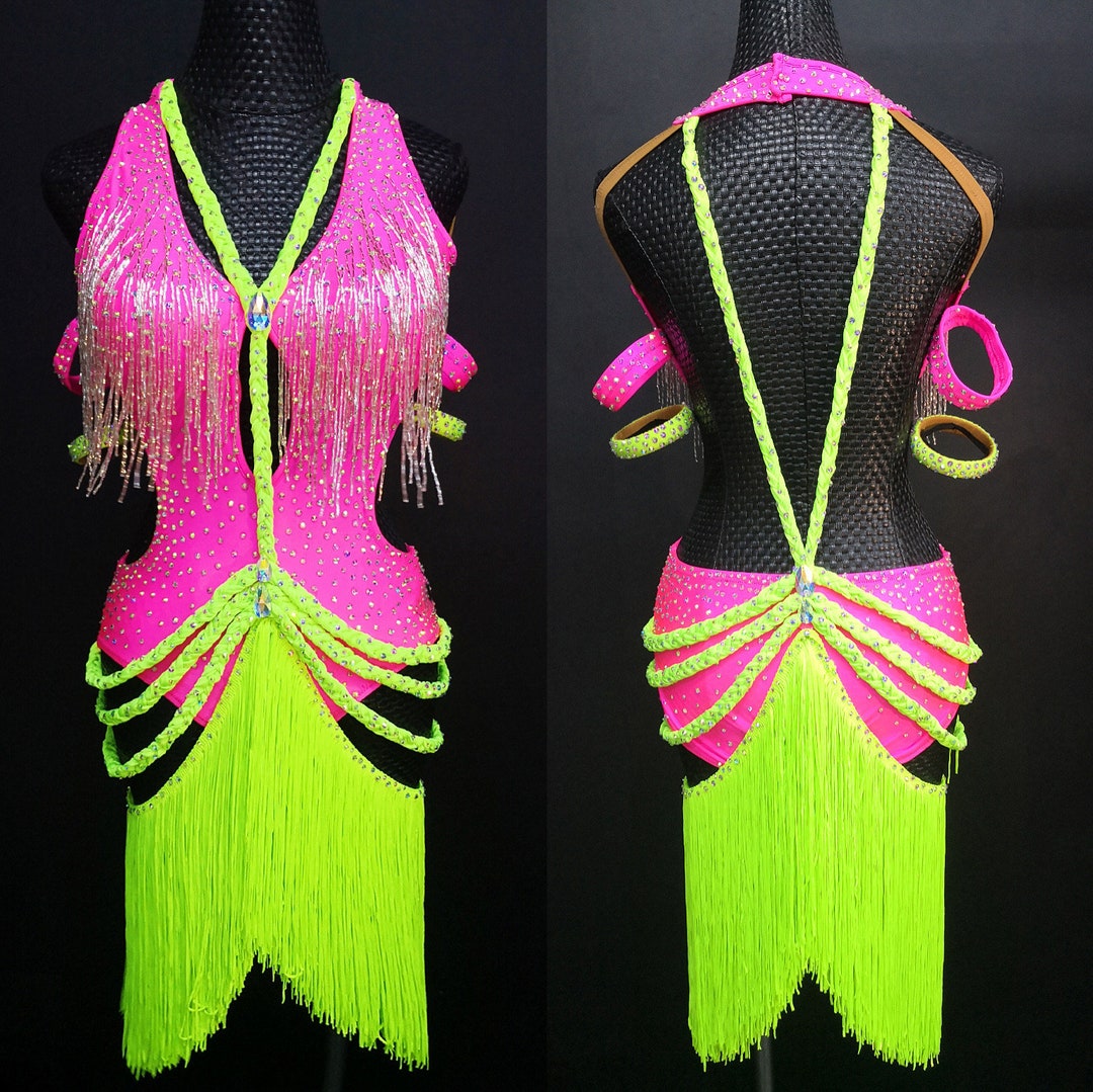 Pink and Bright Green Fringe Latin Dance Dress Neon Rhythm Dress Neon ...