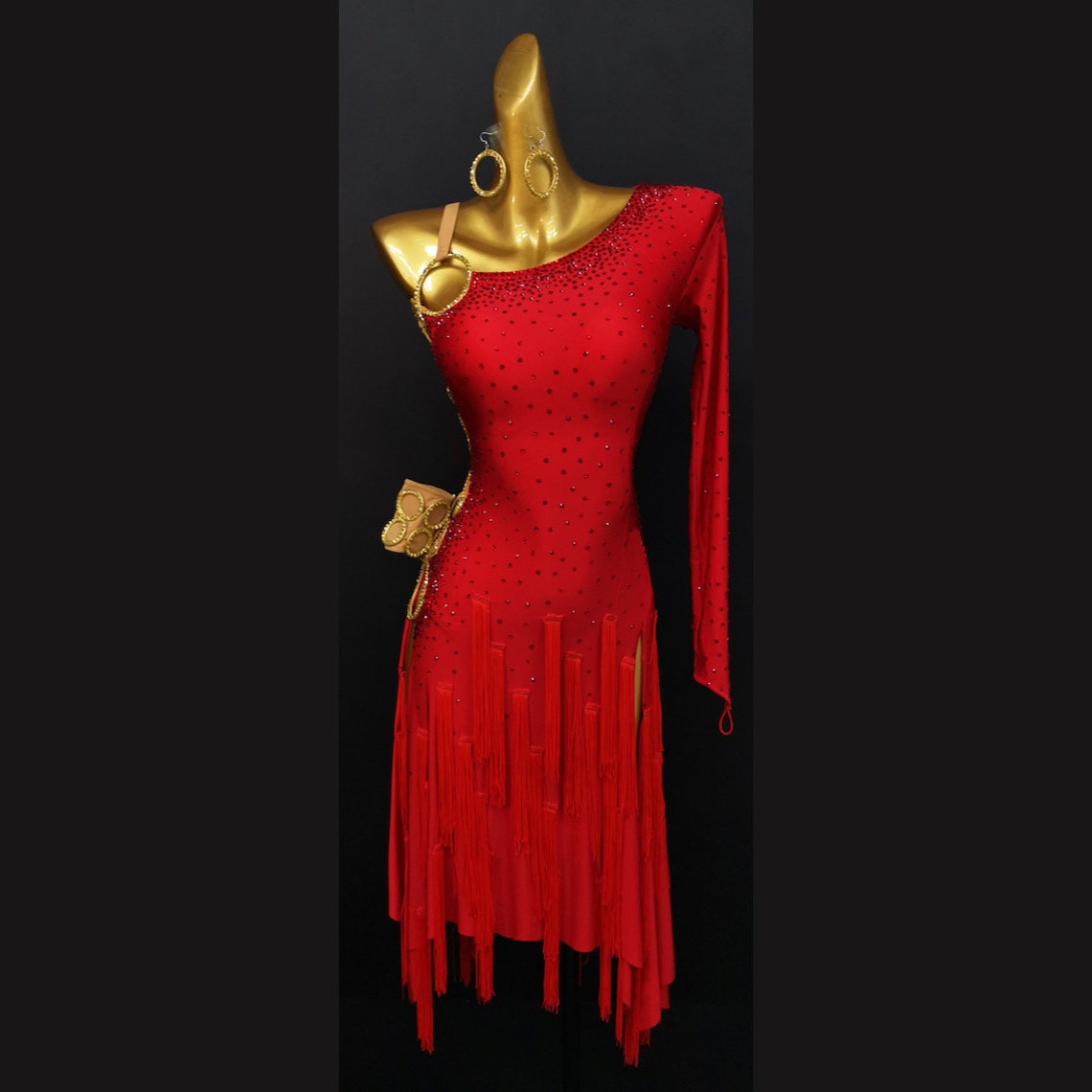 Red Latin Dance Dress With Fringe and Rings Red Rhythm Dress With Open ...