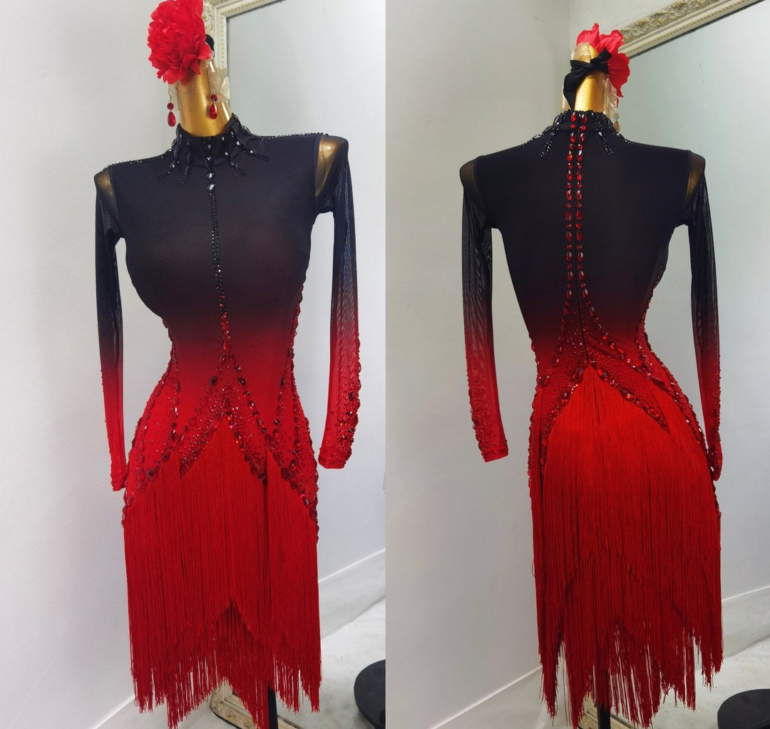Ombre Black and Red Latin Dress With Fringe and High Neck Design L0152 ...
