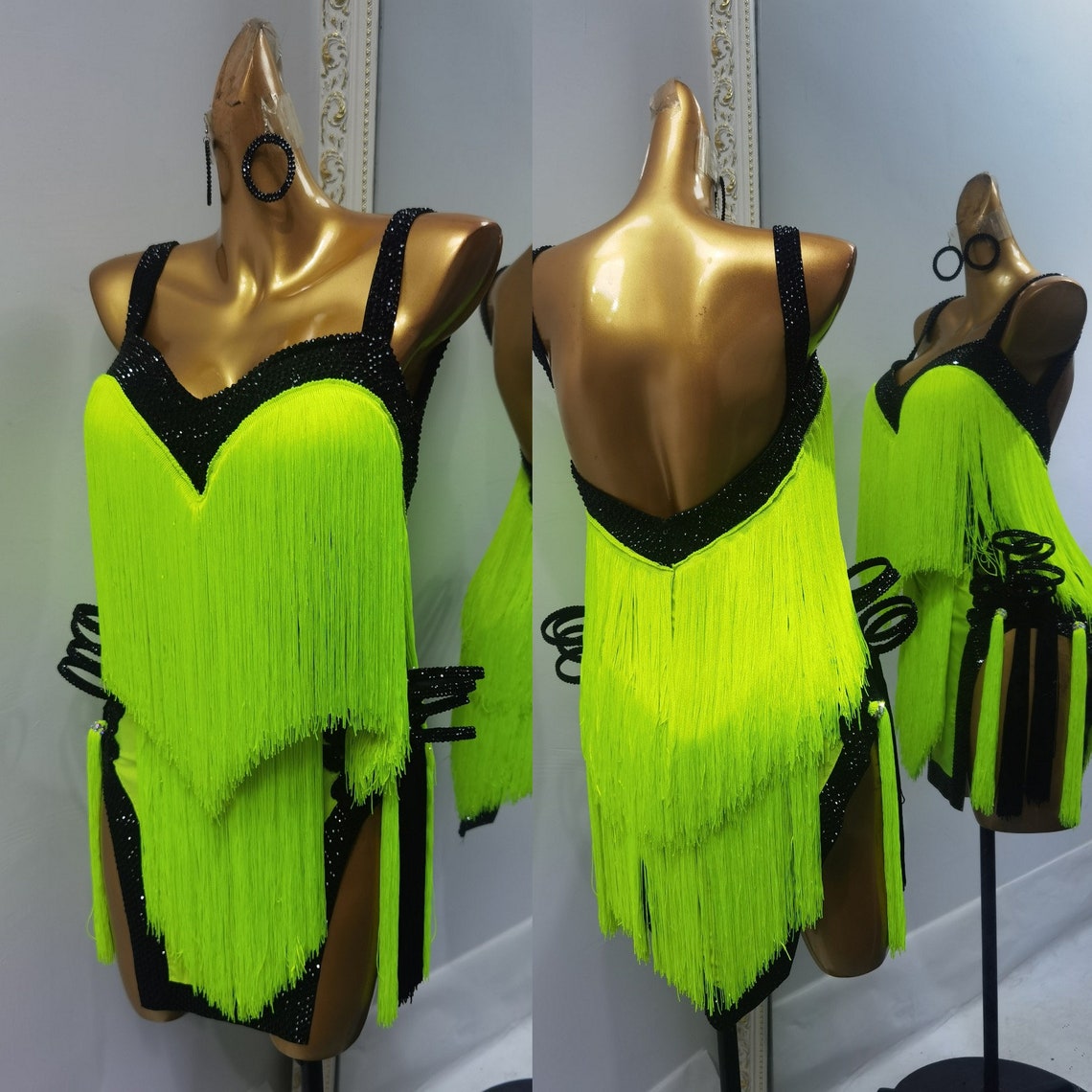 Neon Green Latin Dress With Fringe Neon Green Rhythm Dress L0143 - Etsy