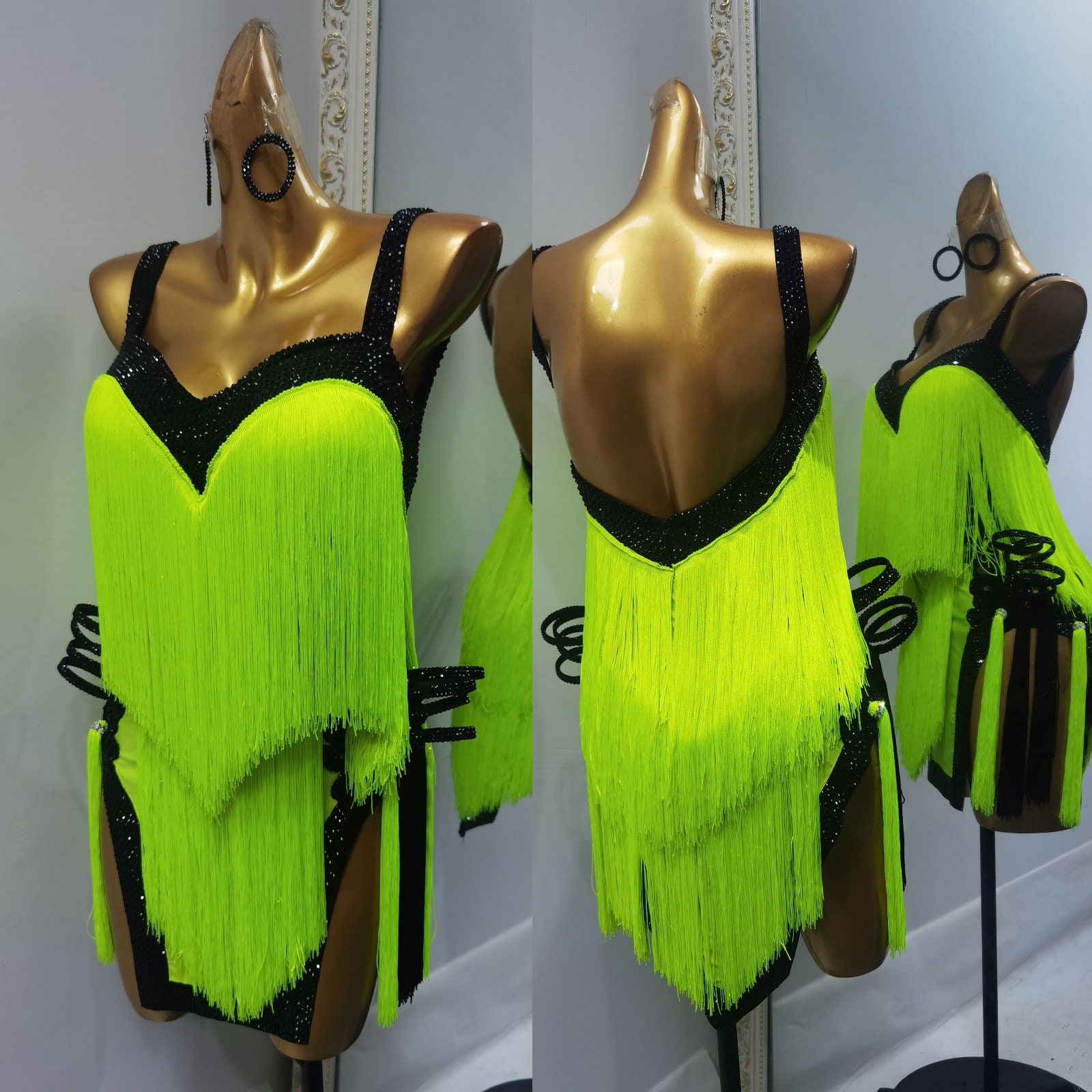 Neon Green Latin Dress With Fringe Neon Green Rhythm Dress L0143 - Etsy