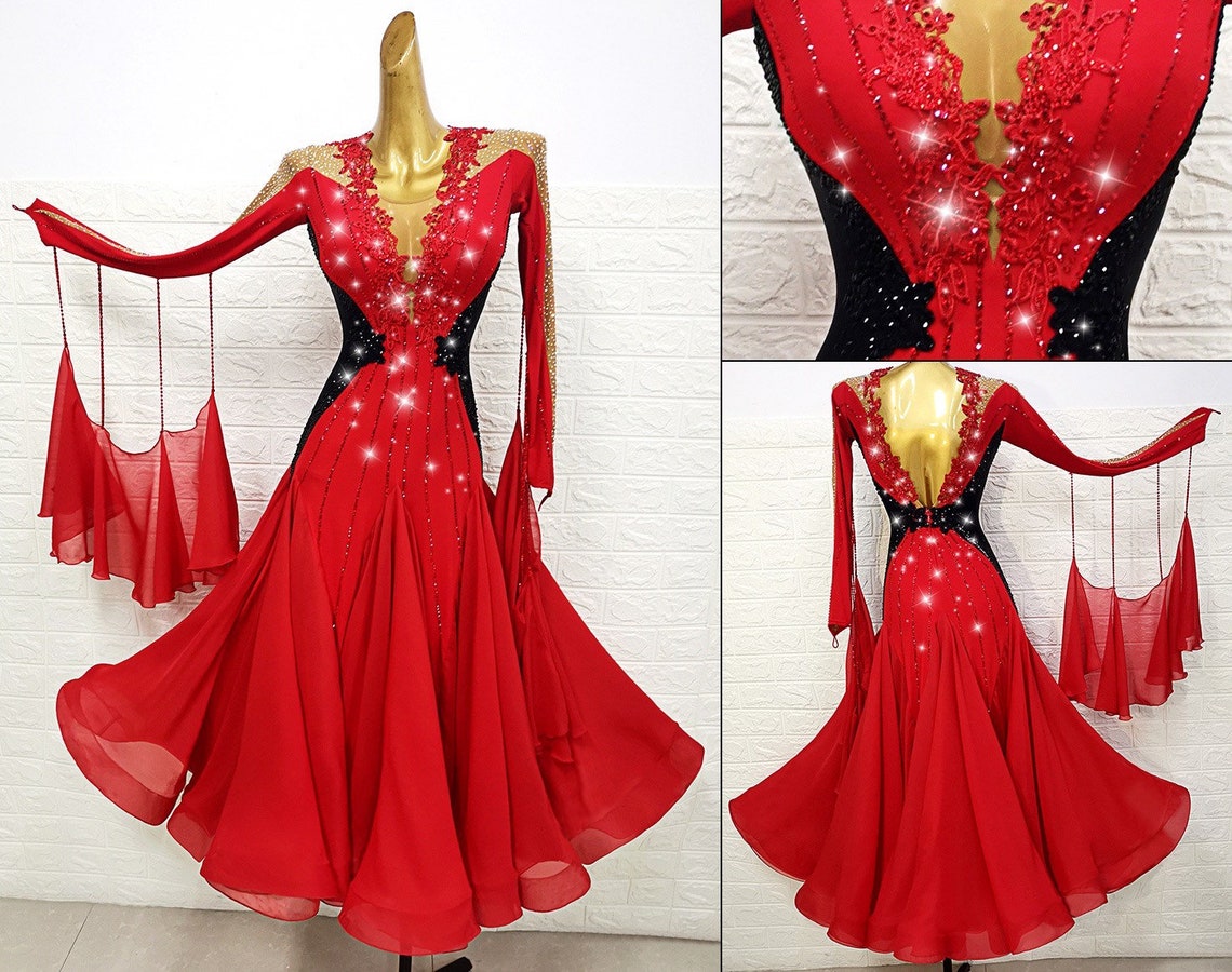 Red Ballroom Dress With Appliqués and Waist Details in Black Smooth ...