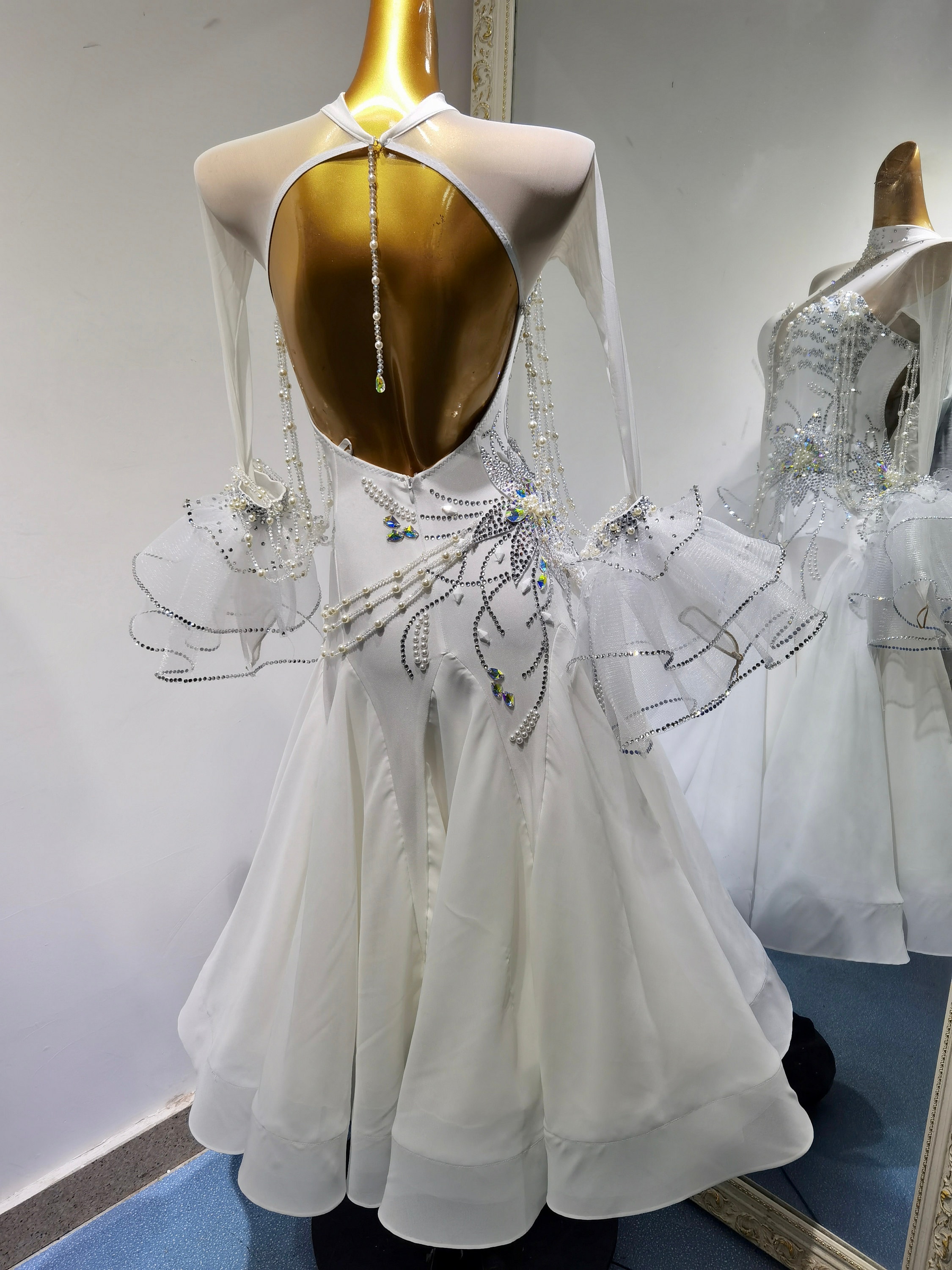 White Ballroom Dress With Flare Floats Floral Pattern With Pearls White ...