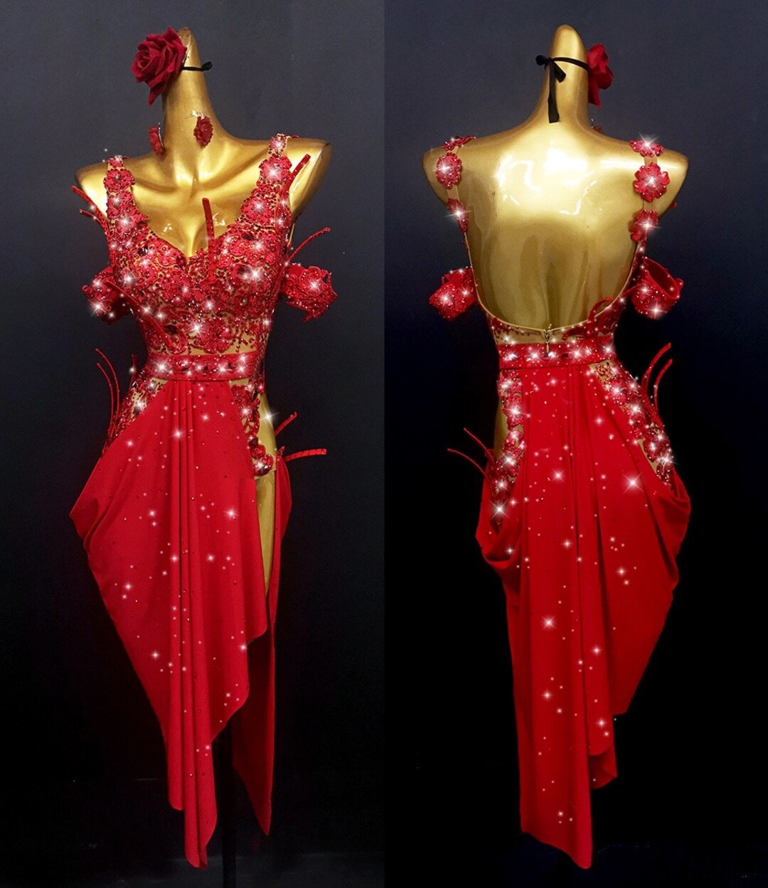 Red Latin Rhythm Dance Dress With Lace Appliques L0070 - Etsy