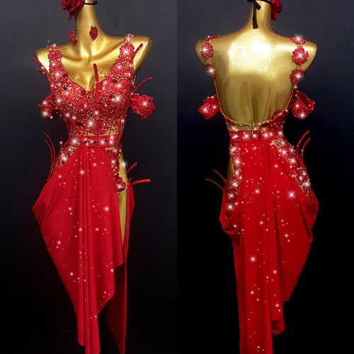 Red Latin Dance Dress With Beads and Black Lace Applique - Etsy