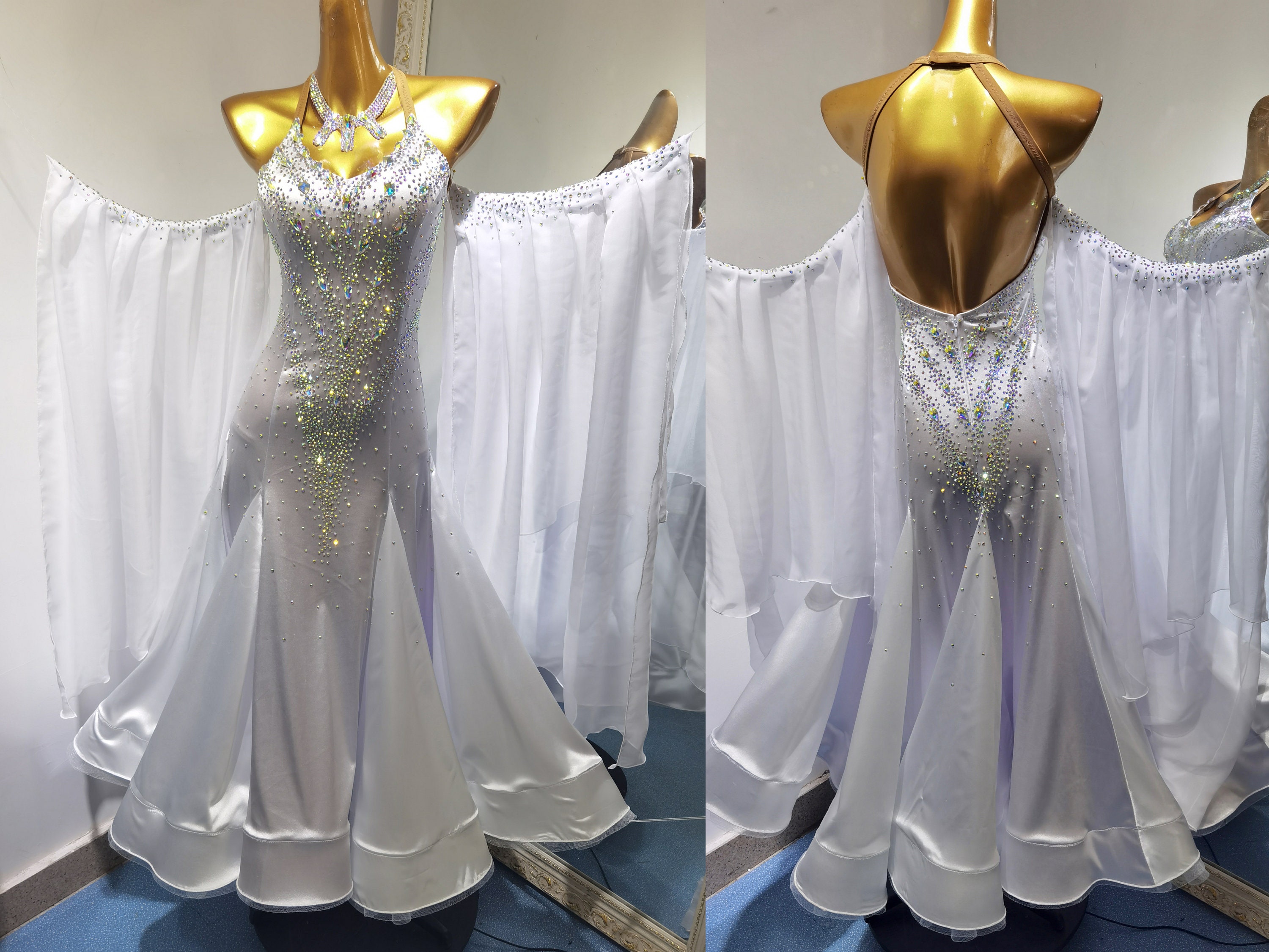 White Ballroom Dress With Floats and Crystals White Smooth Dress ...