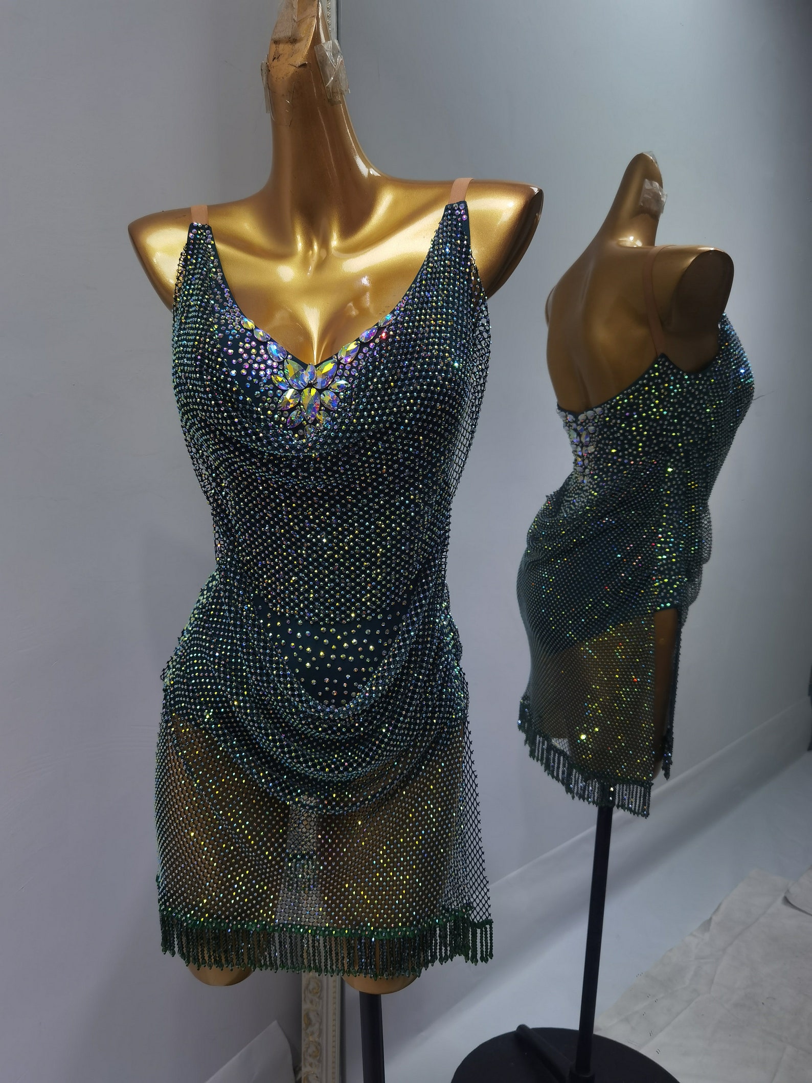 Dark Green Latin Dance Dress With Mesh Latin Dress Rhythm Dress L0158 ...