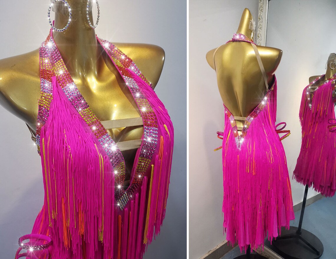 Hot Pink Latin Dance Dress Fuchsia Rhythm Dress With Fringe L0111 - Etsy