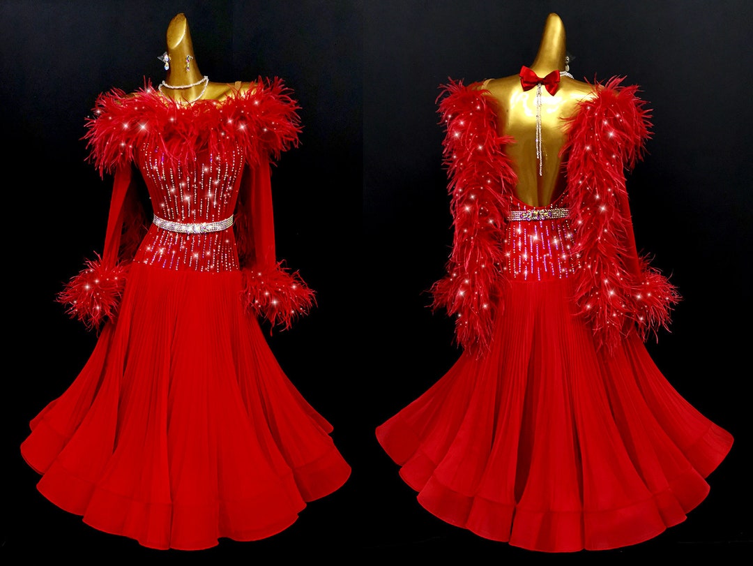 Red Ballroom Dance Dress With Feathers Red Standard Dress Red Smooth ...