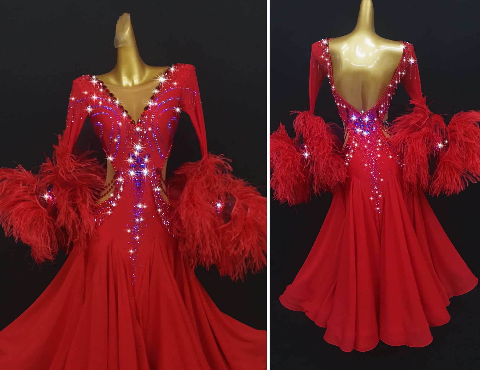 Red Ballroom Dress Smooth Dance Dress With Crystals and Feather Floats ...