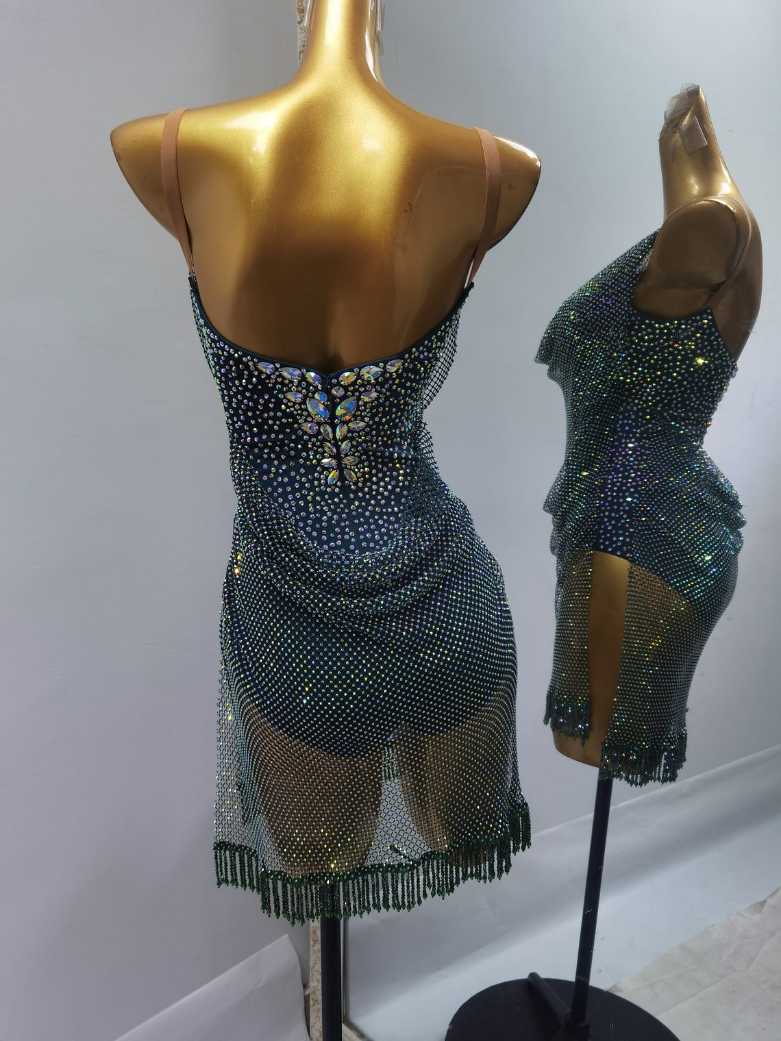 Dark Green Latin Dance Dress With Mesh Latin Dress Rhythm Dress L0158 ...