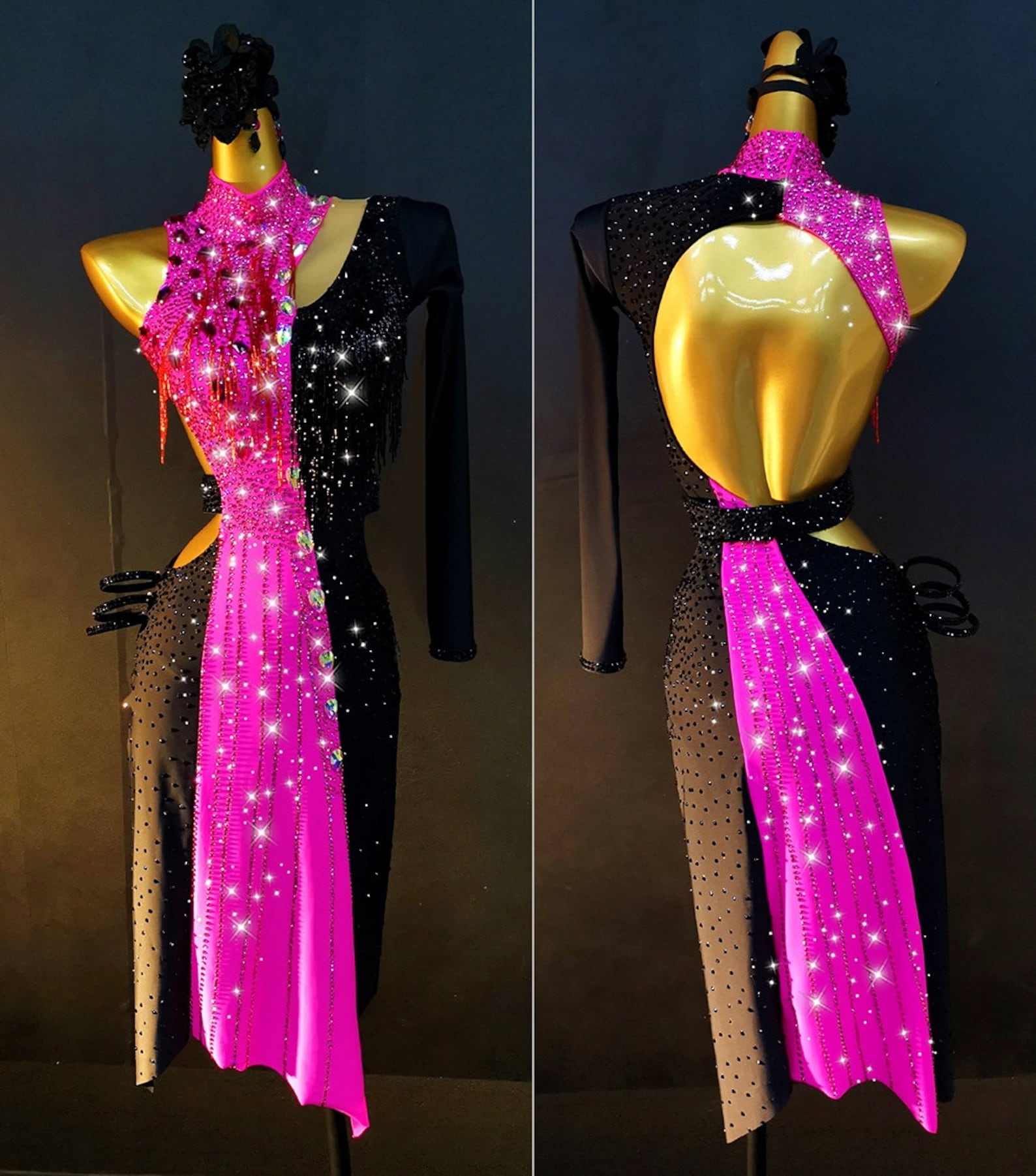 Hot Pink and Black Latin Dance Dress Rhythm Dress Fuchsia Latin Dress ...