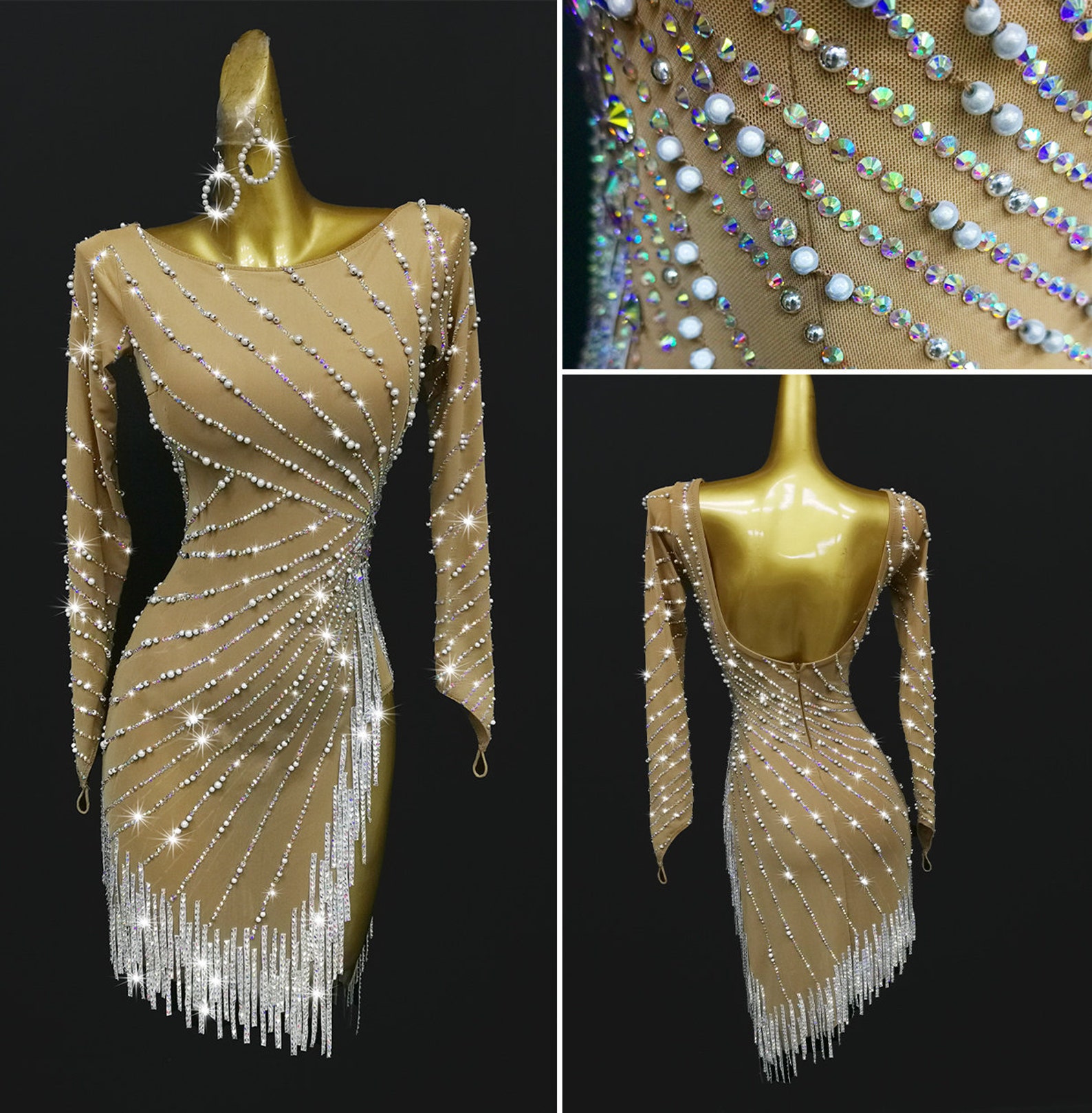 Brown Latin Dance Dress With Beaded Fringe Crystals and Pearls Rhythm ...