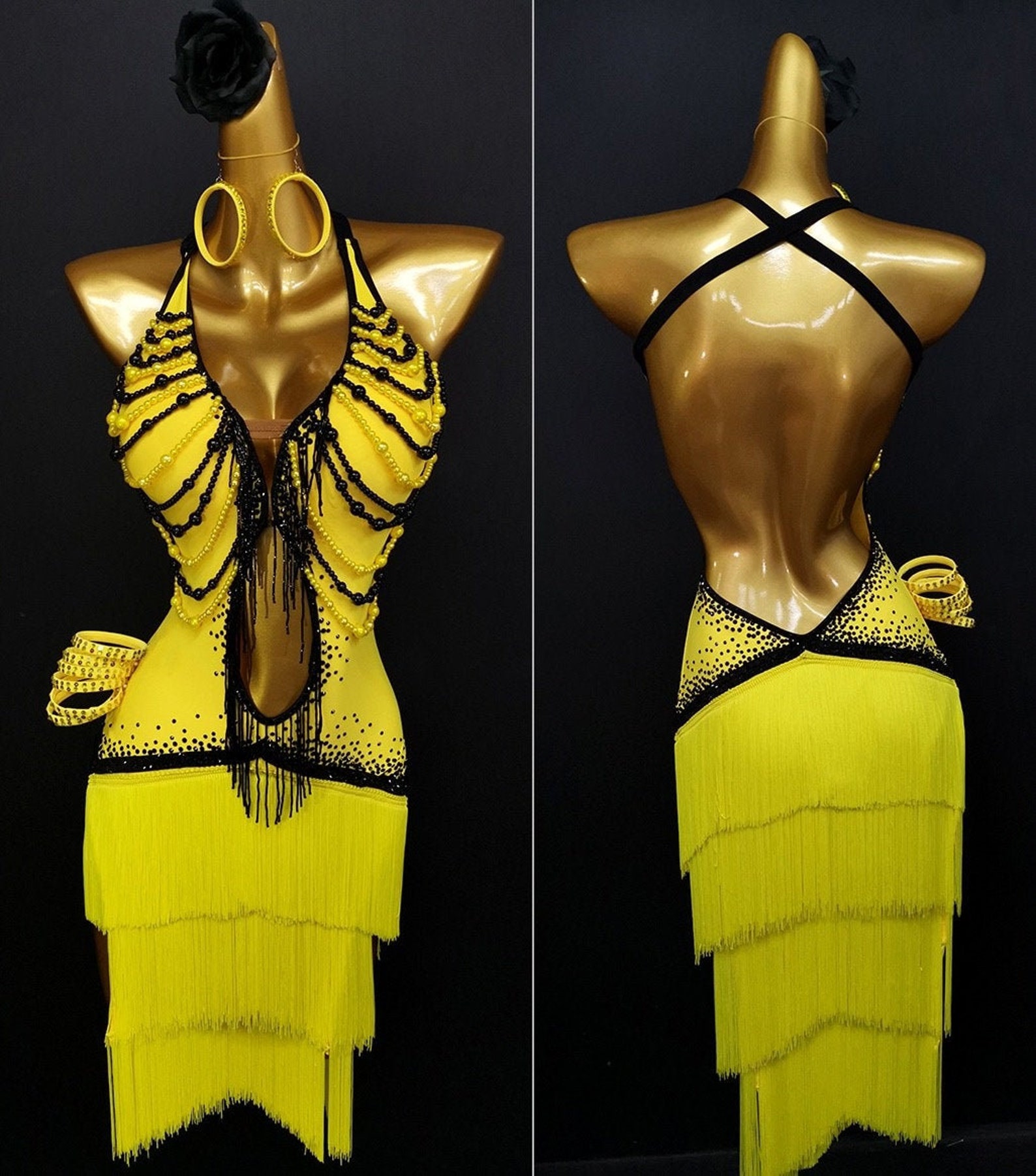 Yellow Latin Dress With Pearls and Fringe Rhythm Dress L0072 - Etsy