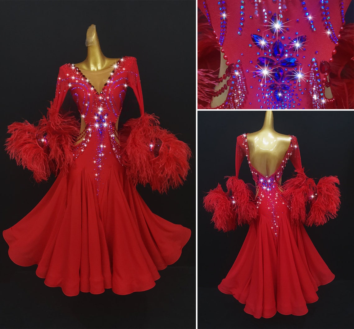 Red Ballroom Dress Smooth Dance Dress With Crystals and Feather Floats ...
