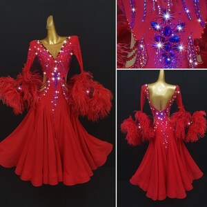 Red Ballroom Dress Smooth Dance Dress With Crystals and Feather Floats ...