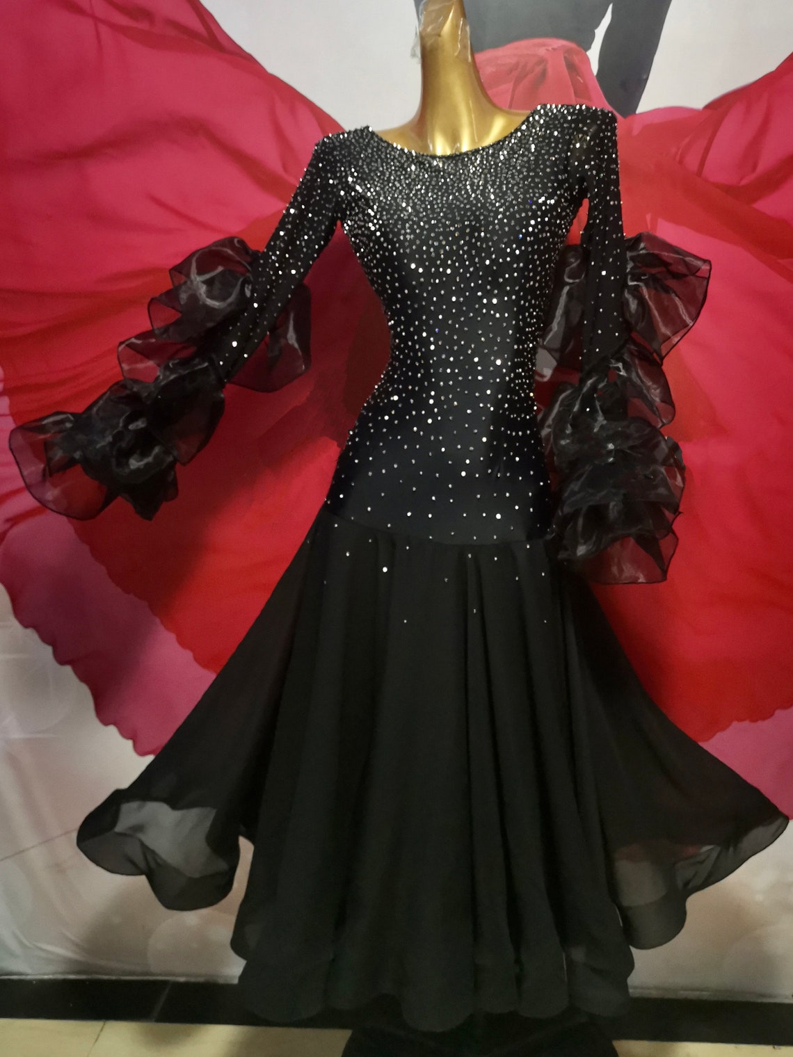 Black Ballroom Dress Standard Dress Smooth Dress With Puff Sleeves ...