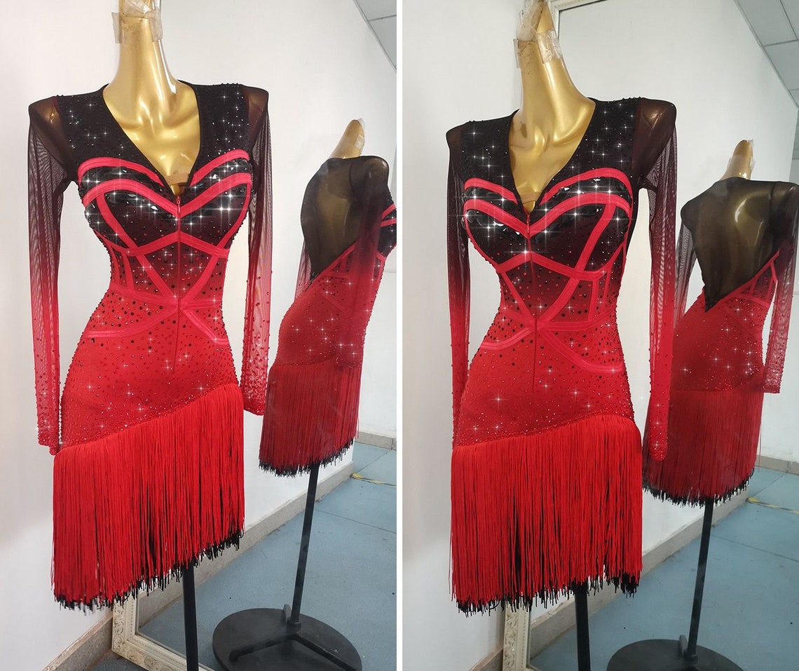 Ombre Black and Red Latin Dress With Fringe L0103 - Etsy
