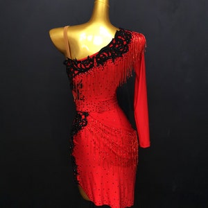 Red Latin Dance Dress With Beads and Black Lace Applique Red Rhythm ...