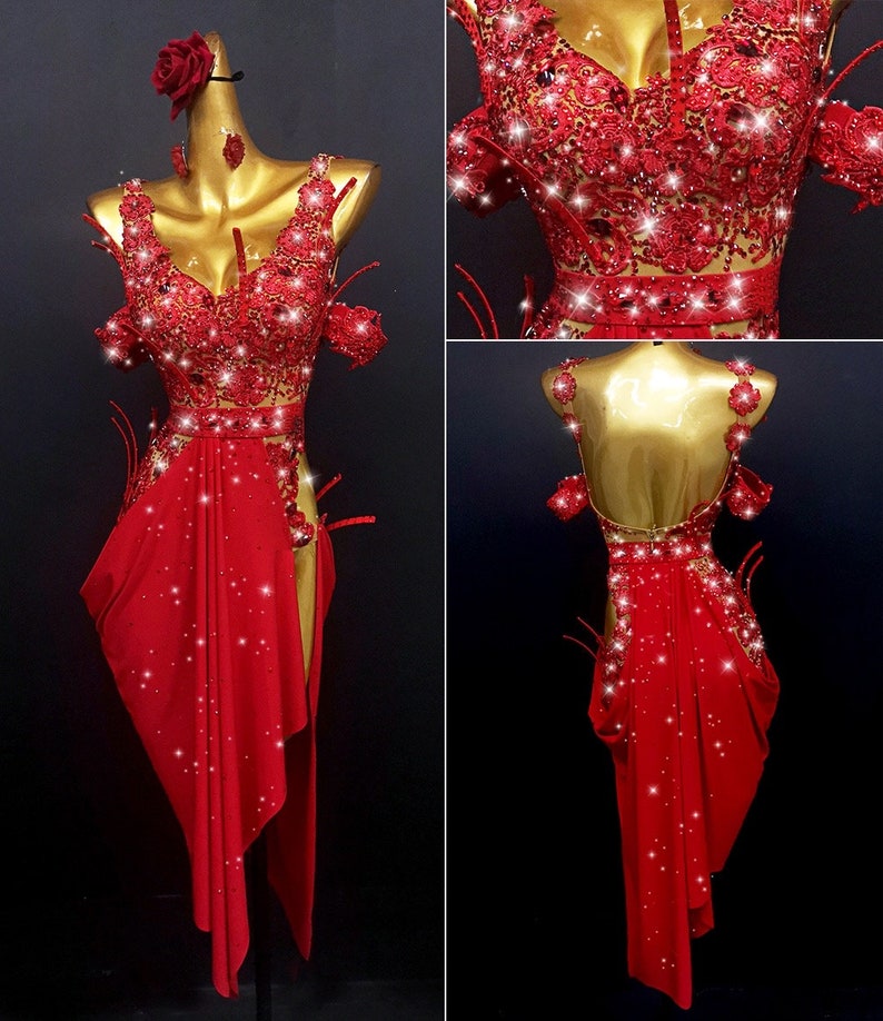 Red Latin Rhythm Dance Dress With Lace Appliques L0070 - Etsy