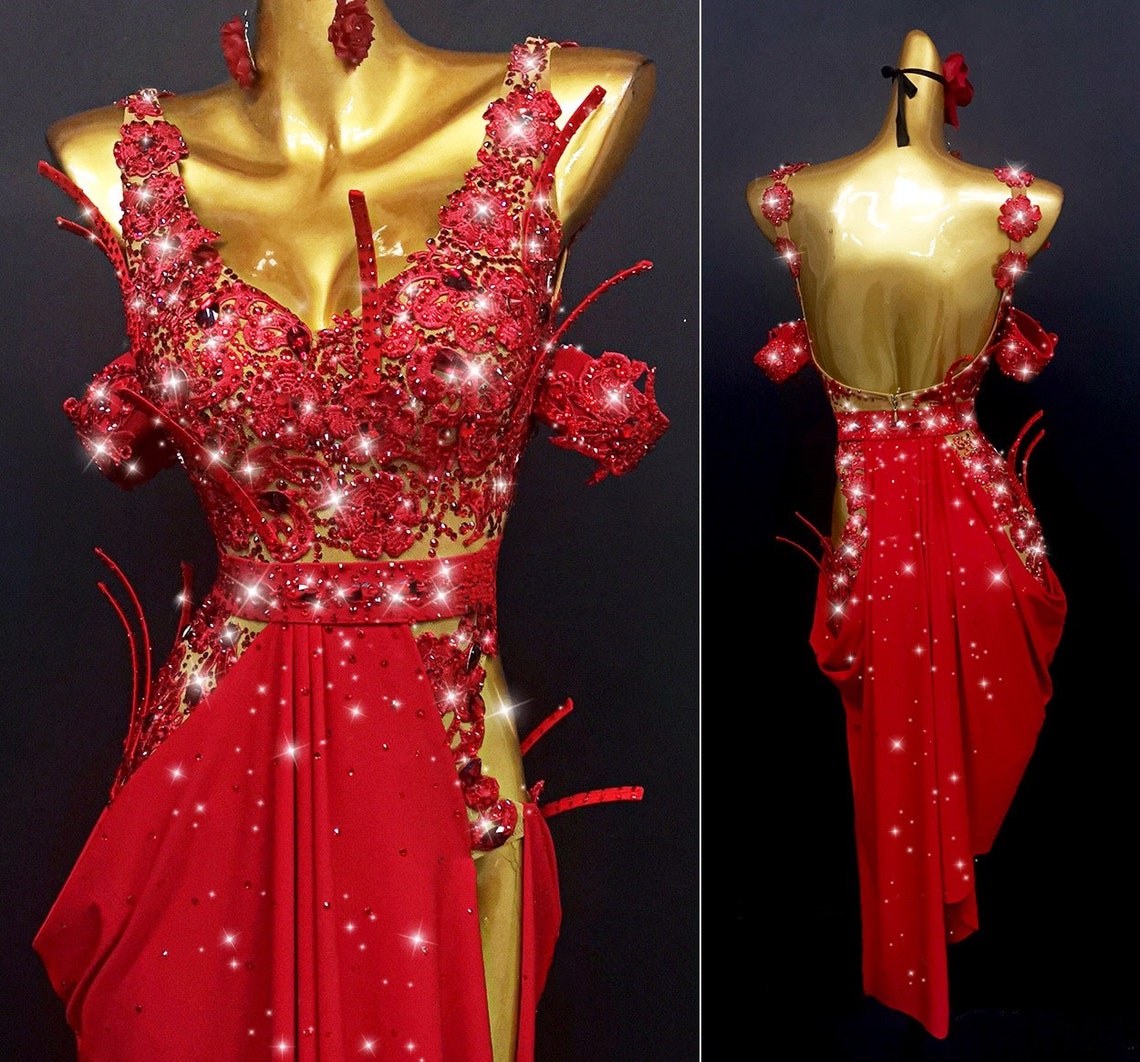 Red Latin Rhythm Dance Dress With Lace Appliques L0070 - Etsy