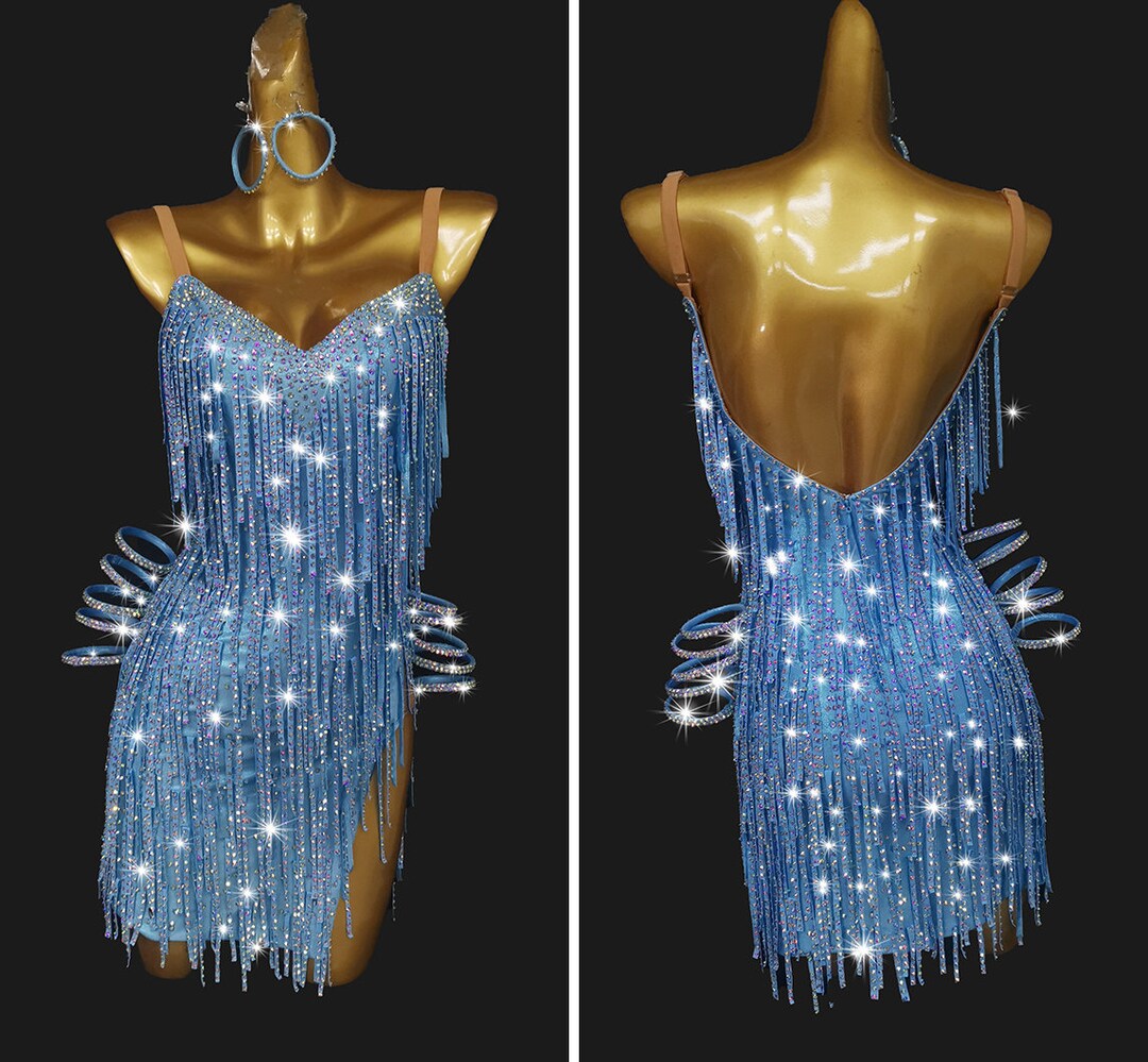 Blue Sparkling Latin Dress Full of Stones Light Blue Rhythm Dress ...