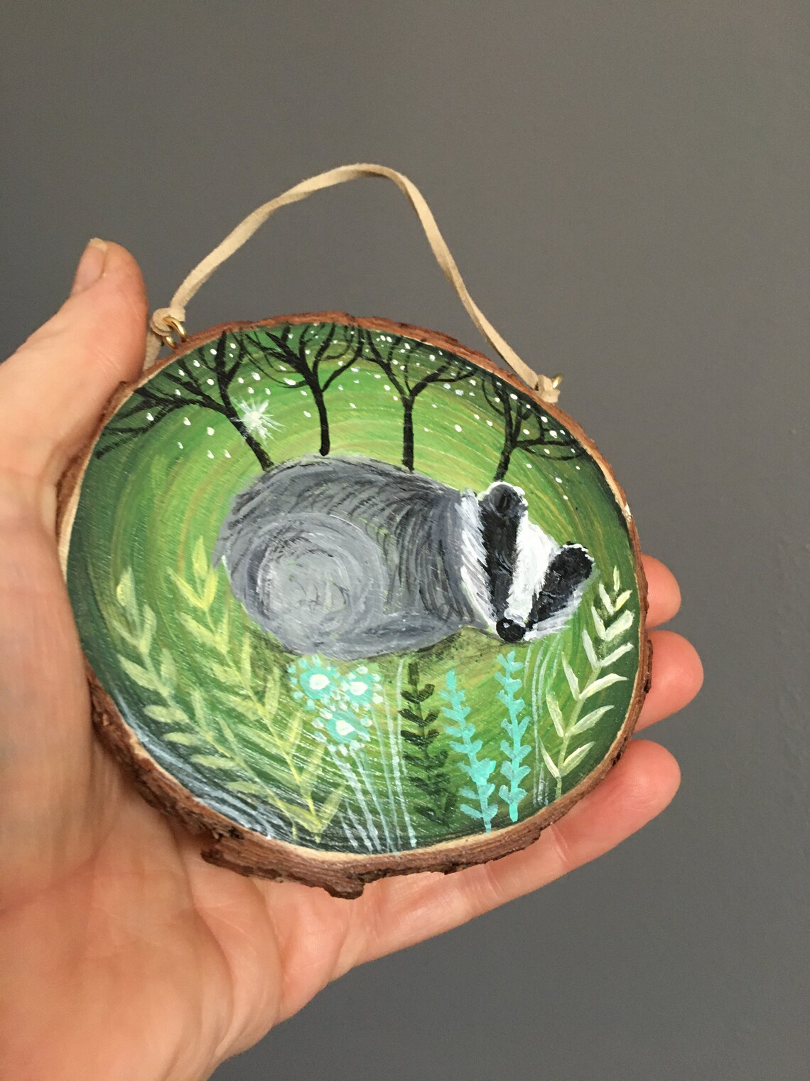Original Woodland Art, Log Slice Painting, Badger Painting, Wooden Art ...
