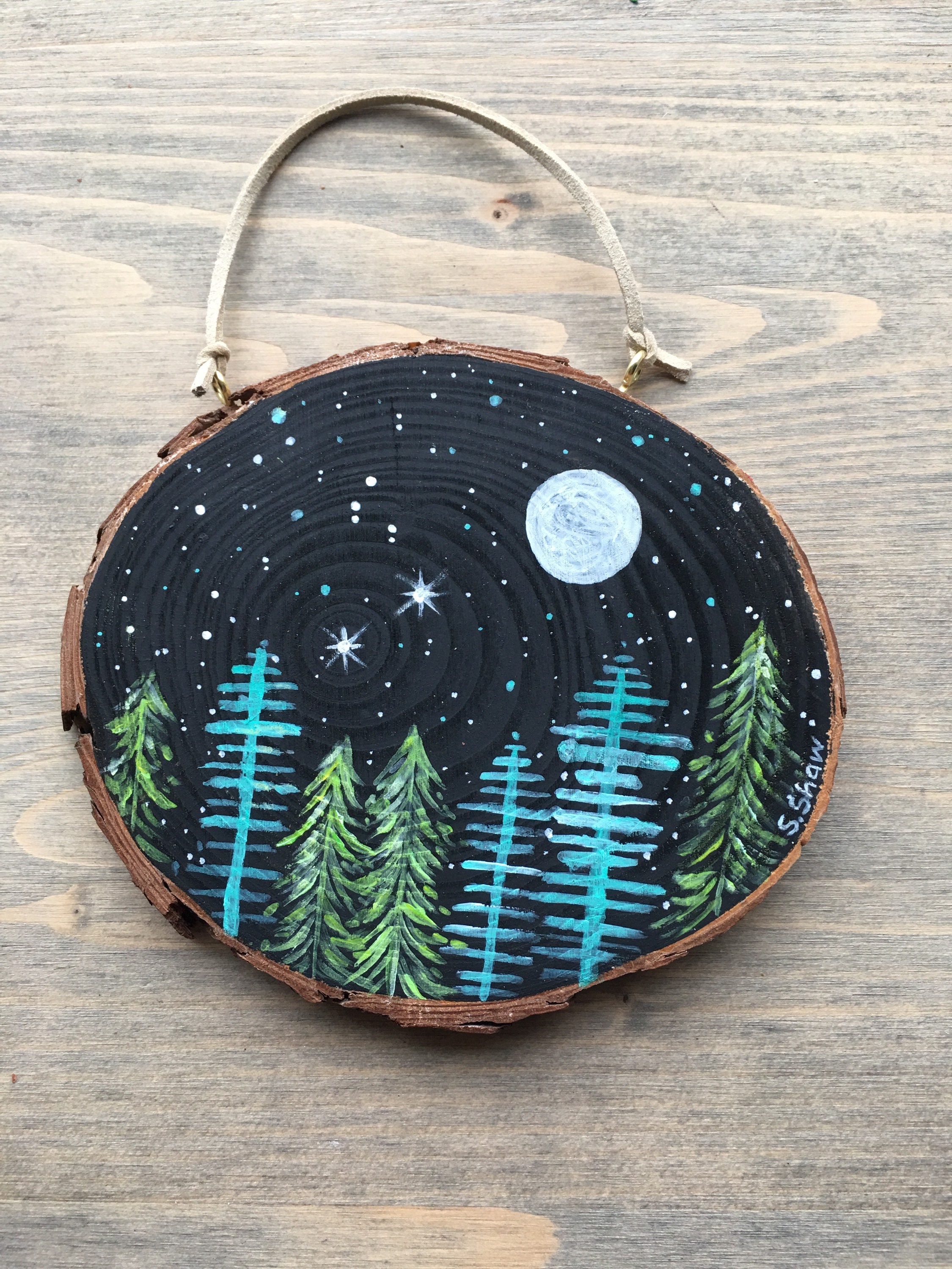 Full Moon Painting, Forest at Night Painting, Forest Wood Slice ...