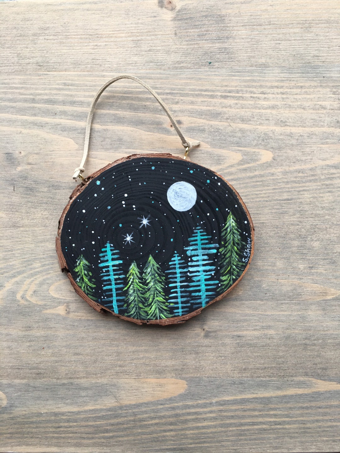 Full Moon Painting, Forest at Night Painting, Forest Wood Slice ...