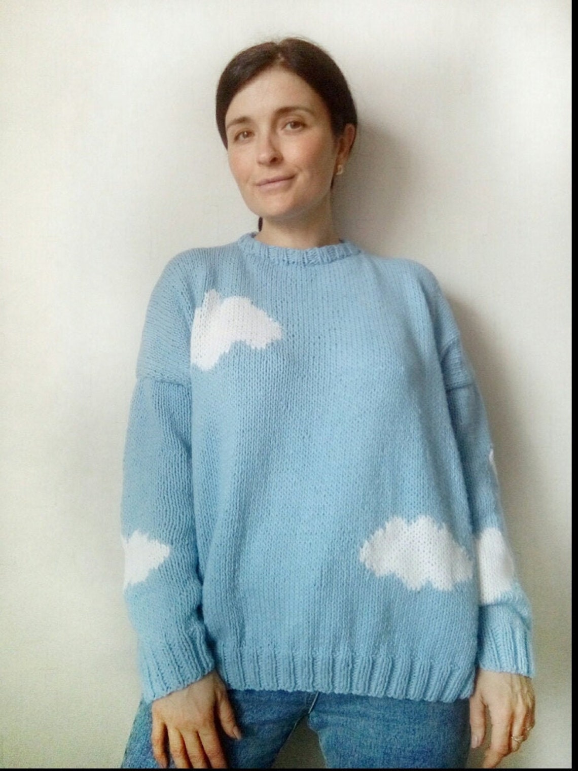 Blue Sweater With Clouds. Women's Knitted Sweater With - Etsy