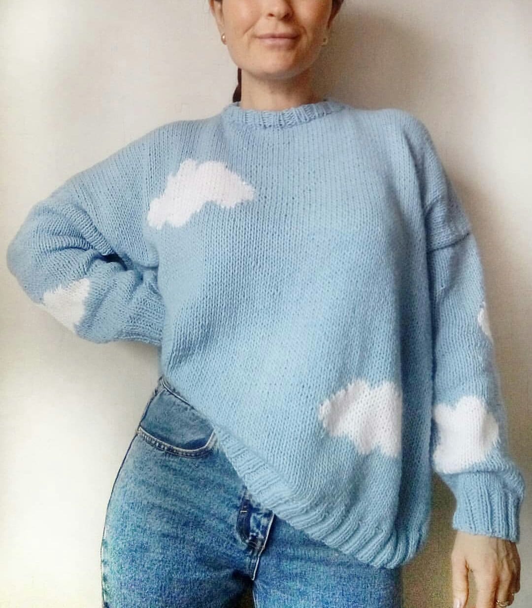 Blue Sweater With Clouds. Women's Knitted Sweater With Clouds. Cloud ...