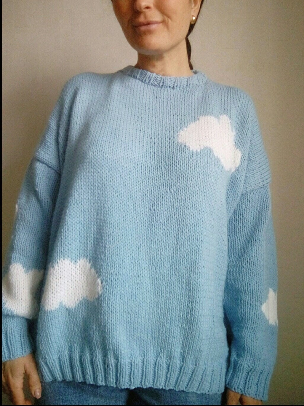 Blue Sweater With Clouds. Women's Knitted Sweater With Clouds. Cloud ...